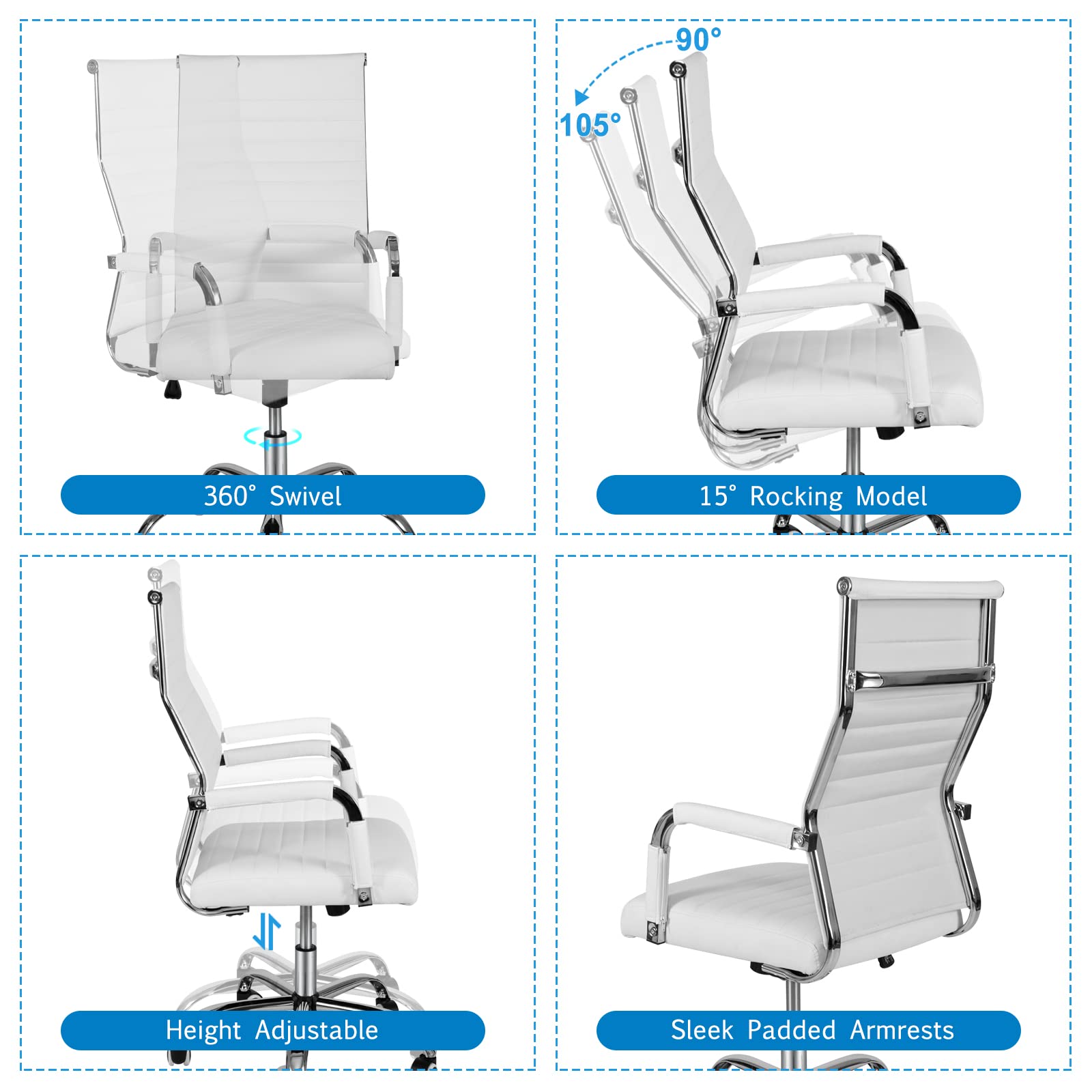 ONG Ergonomic Office Chair - Rolling Desk Chair High-Back White 360° Swivel Conference Executive Office Chair Adjustable Height and Armrest with Lumbar Support Task Computer Chair PU Leather