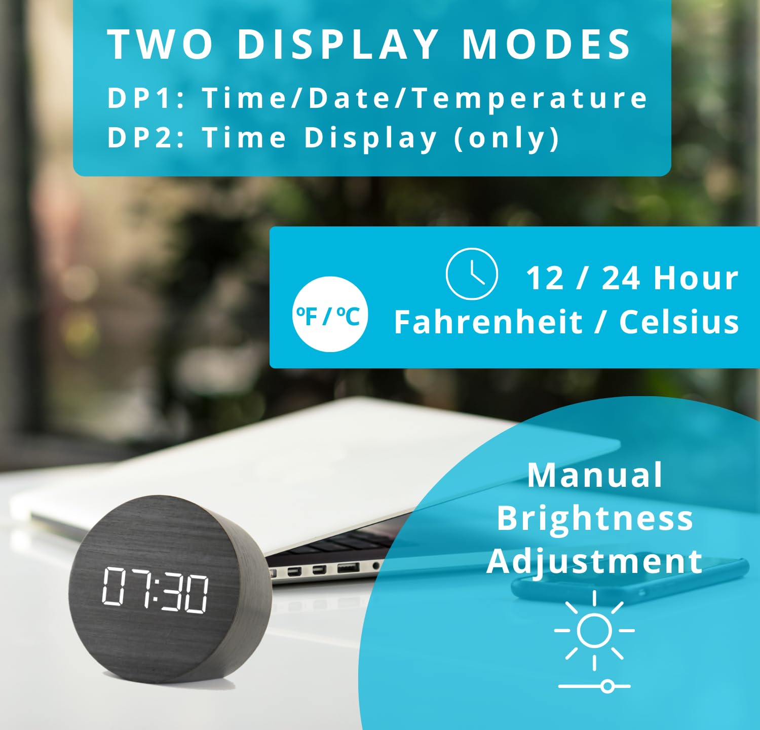 MINM Store Alarm Clock for Bedroom | Digital Clock Wooden Electronic LED Time Display | Calendar Temperature | 3 Alarm Settings | Cord and Battery Operated (Black Wood)