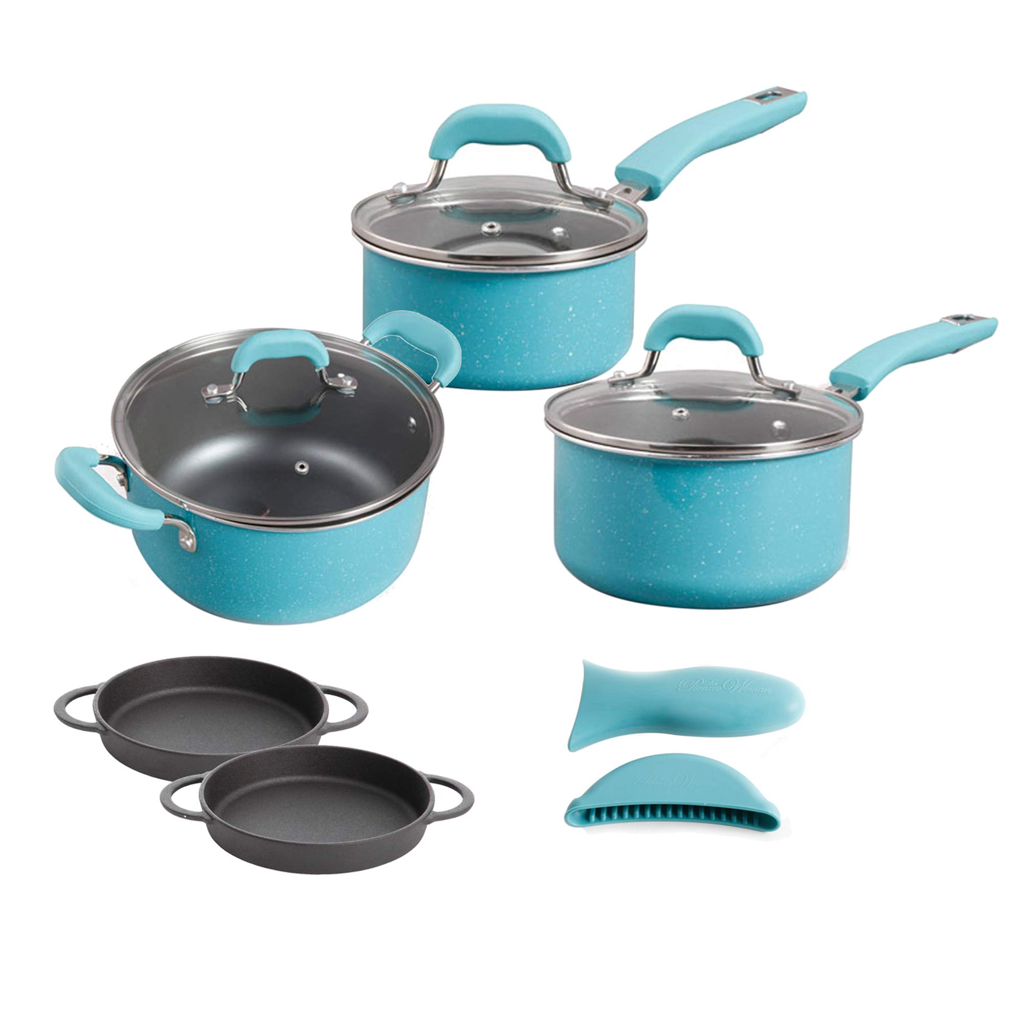 The Pioneer Woman Vintage Speckle 24-Piece Cookware Combo Set in Turquoise bundle with Copper Charm Stainless Steel Copper Bottom Cookware Set, 10 Piece