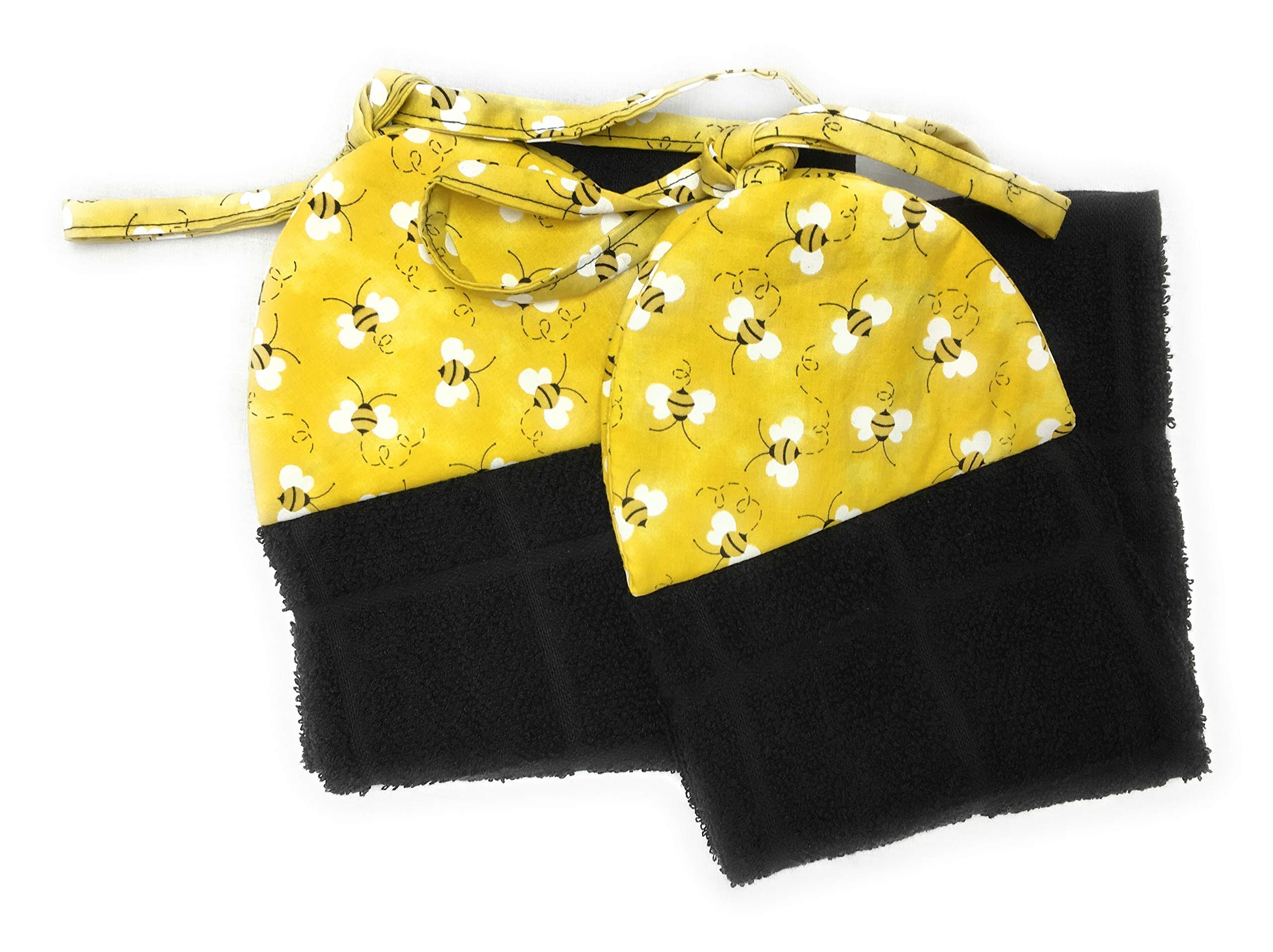 Set of 2 Bees Honey Bumble Black White on Yellow Reversible Ties on Stays Put Kitchen Bathroom Hanging Loop Hand Dish Towels
