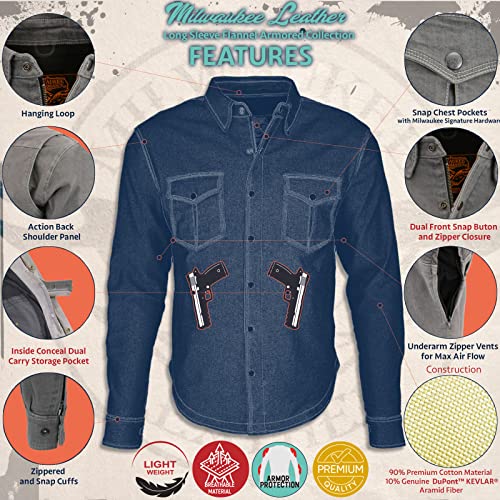Milwaukee Leather MPM1630 Men's Plaid Flannel Biker Shirt with CE Approved Armor - Reinforced w/Aramid Fibers - Large Grey