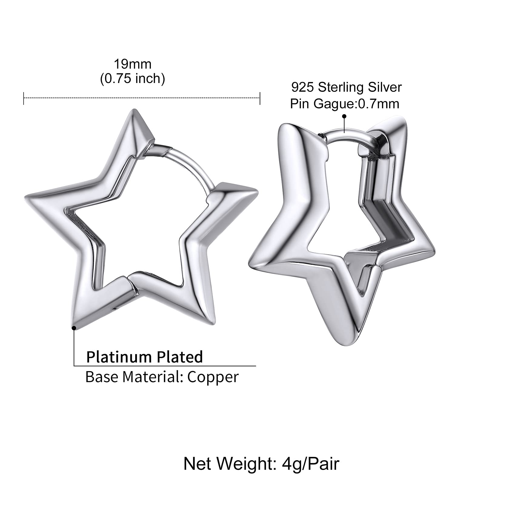 Star Hoop Earrings Small,19mm Platinum Plated Silver Thick Hoop Cartilage Endless Tiny Star Huggie Hugger Earrings Geometric Jewelry