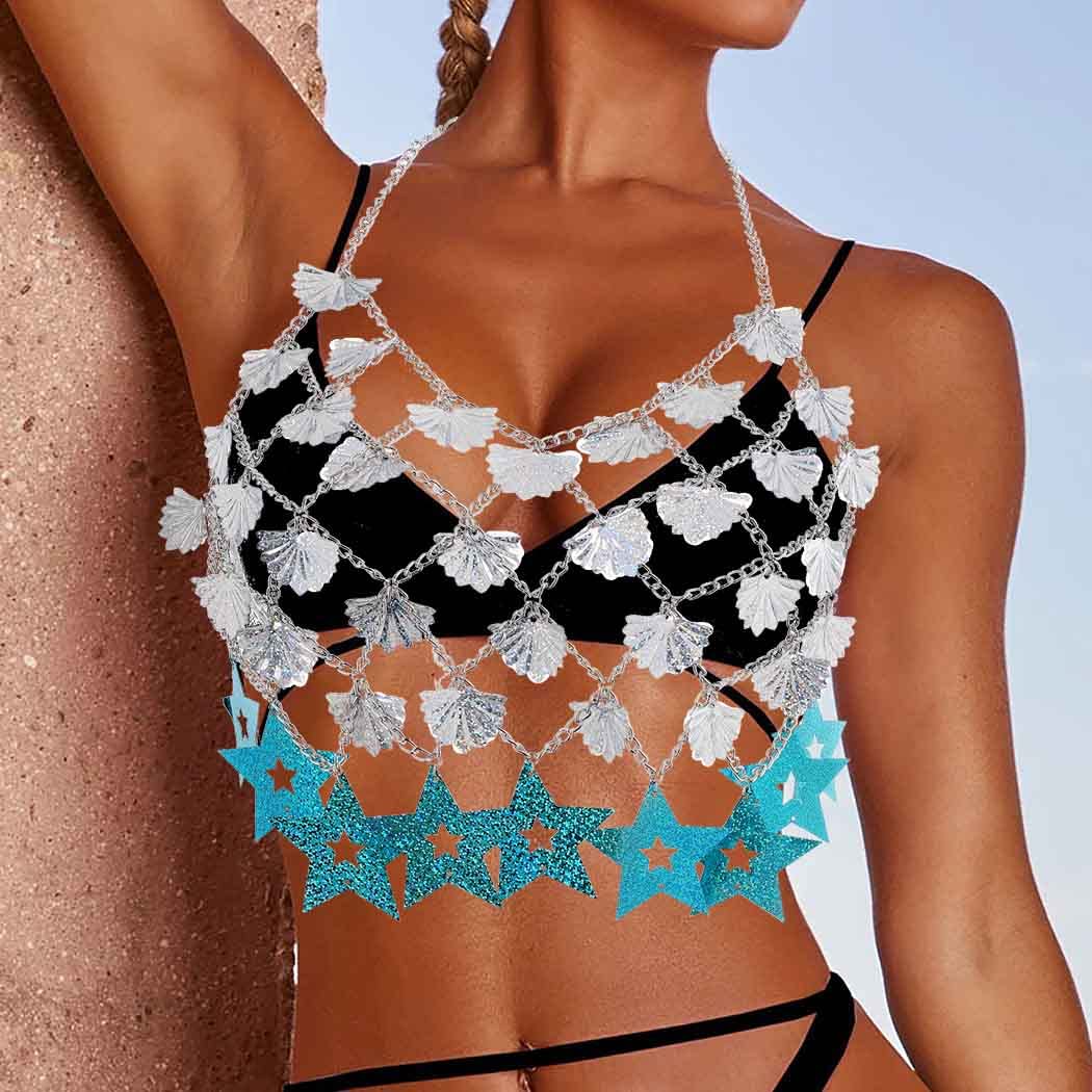 Sexy Body Chain Bikini Silver Tassel Star Sequins Bra Halter Backless Crop Top Shell Beach Party Chest Chains Jewelry for Women