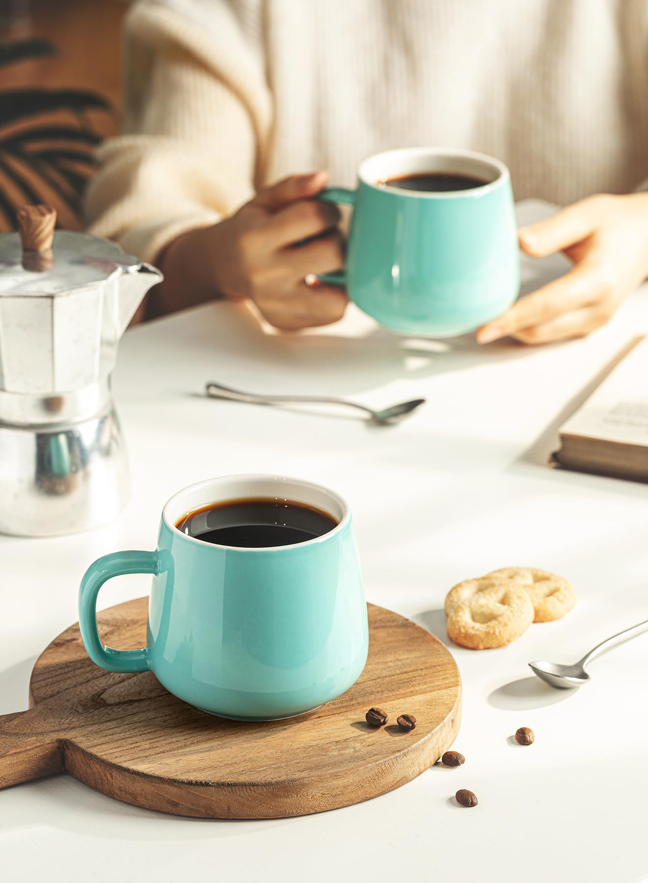 Teocera Porcelain Coffee Mugs Set of 4-12 Ounce Coffee Cups with Handle for Hot or Cold Drinks like Cocoa, Milk, Tea or Water - Smooth Ceramic with Modern Design, Turquoise