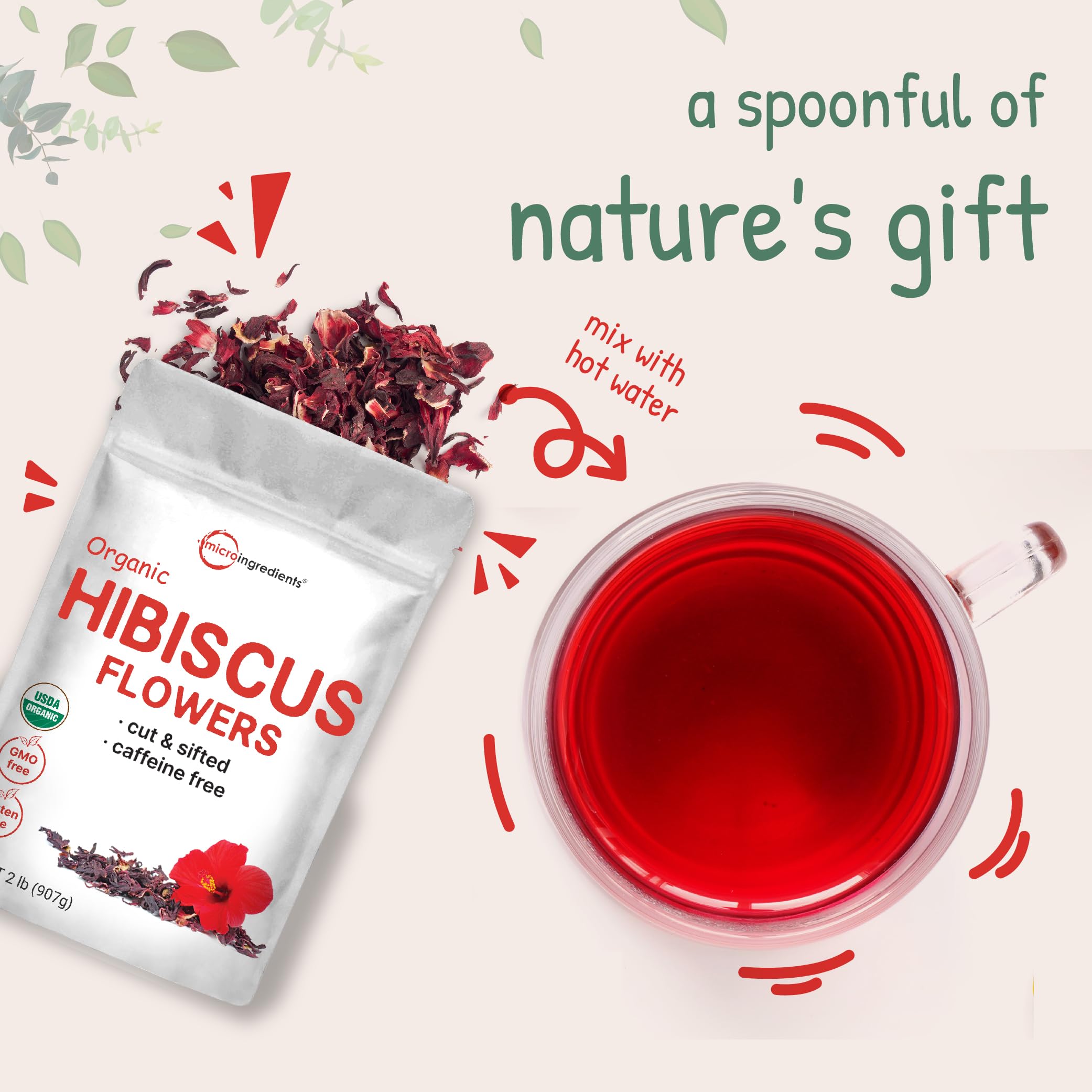 Micro Ingredients Organic Hibiscus Flowers, 2lbs (450+cups) | Flor de Jamaica, Loose Leaf Tea for Hibiscus Tea Bags | Cut & Sifted Dried Leaves | Caffeine Free, Non-GMO, No Sugar
