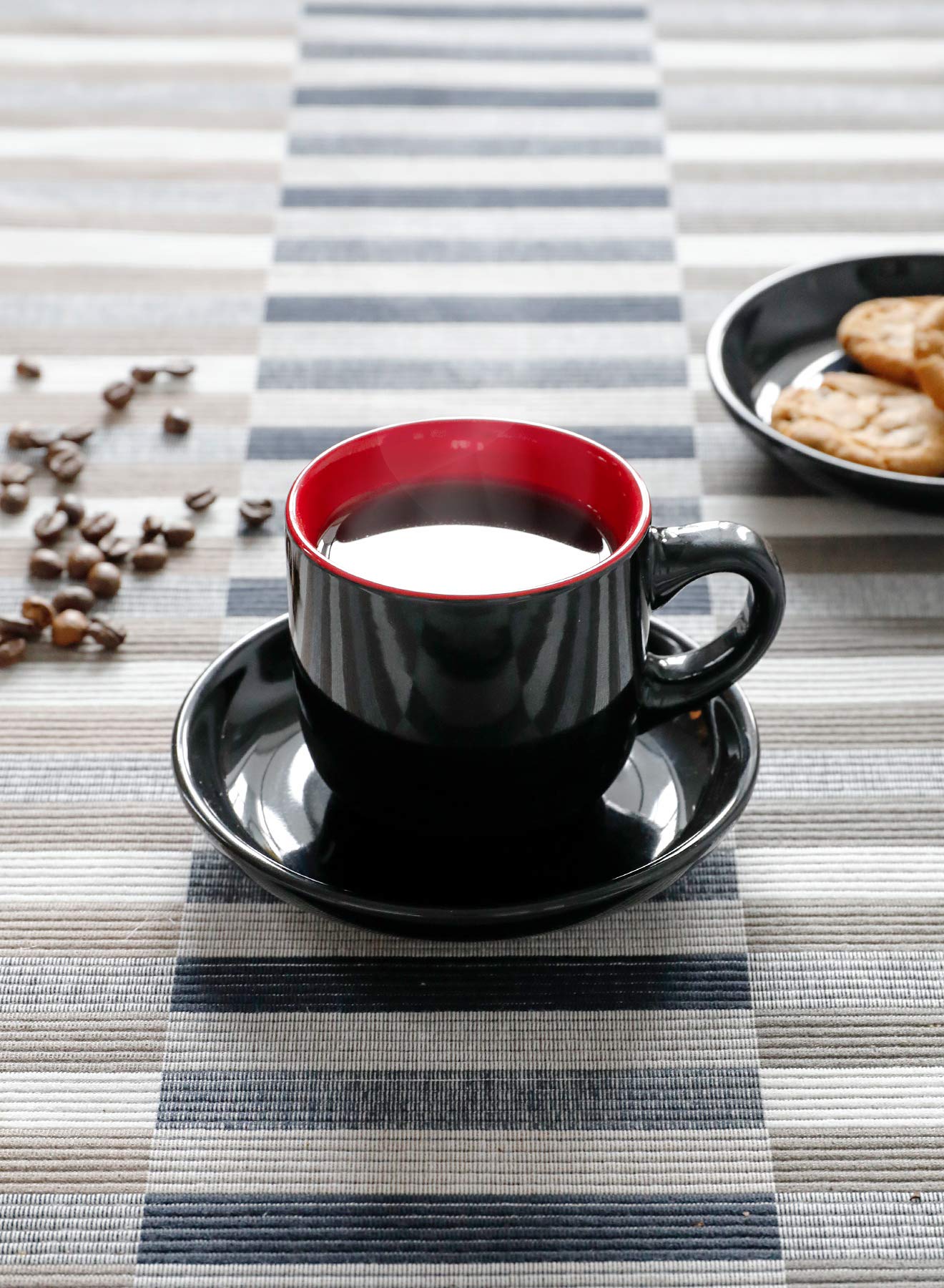 Teocera Porcelain Cappuccino Cups with Saucers - 6 Ounce for Coffee Drinks, Latte, Cafe Mocha and Tea - Set of 6, Black Multi Color