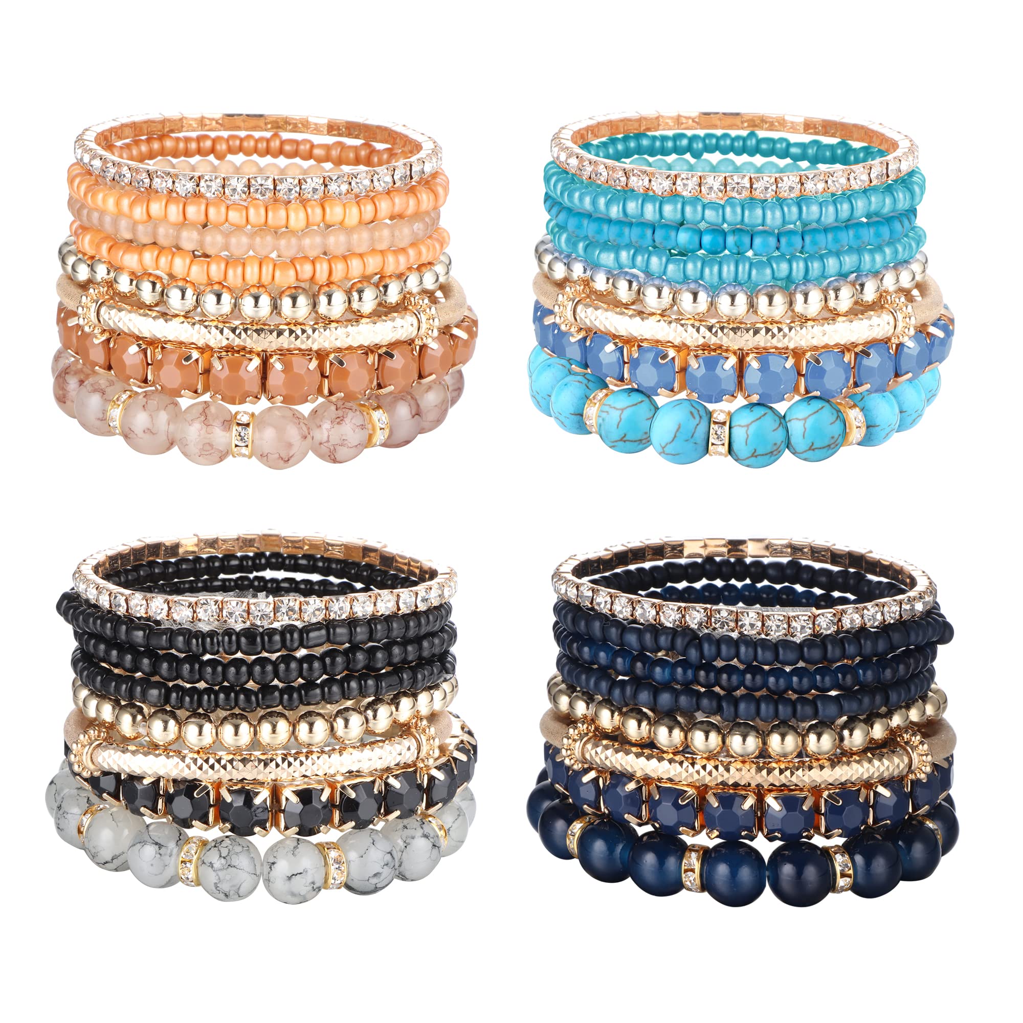 SAILIMUE 4 Sets Bohemian Stackable Bead Bracelets for Women Multilayered Stretch Beaded Bracelets Handmade Pendant Charm Boho Bracelets Pack