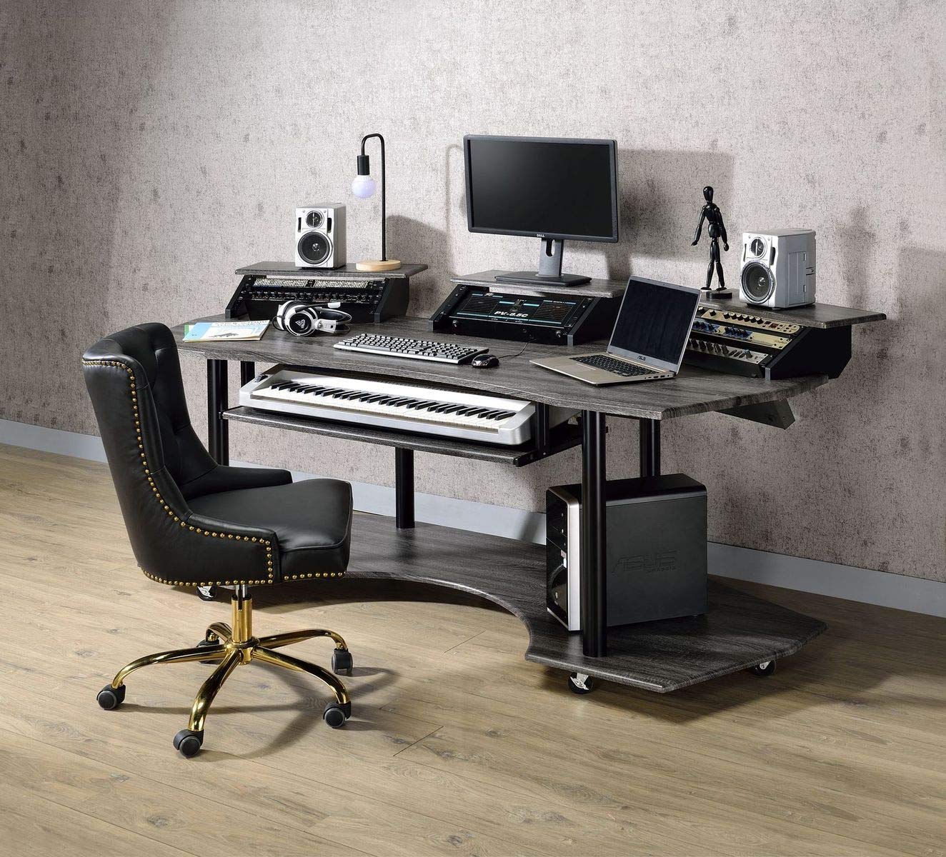 Music Recording Studio Desk with Piano Keyboard Tray, Recording Studio Workstation Table with Stands, Bottom Shelf and Wheels, Wooden Home Office Computer Desks for Study Gaming Bedroom (large,Black)