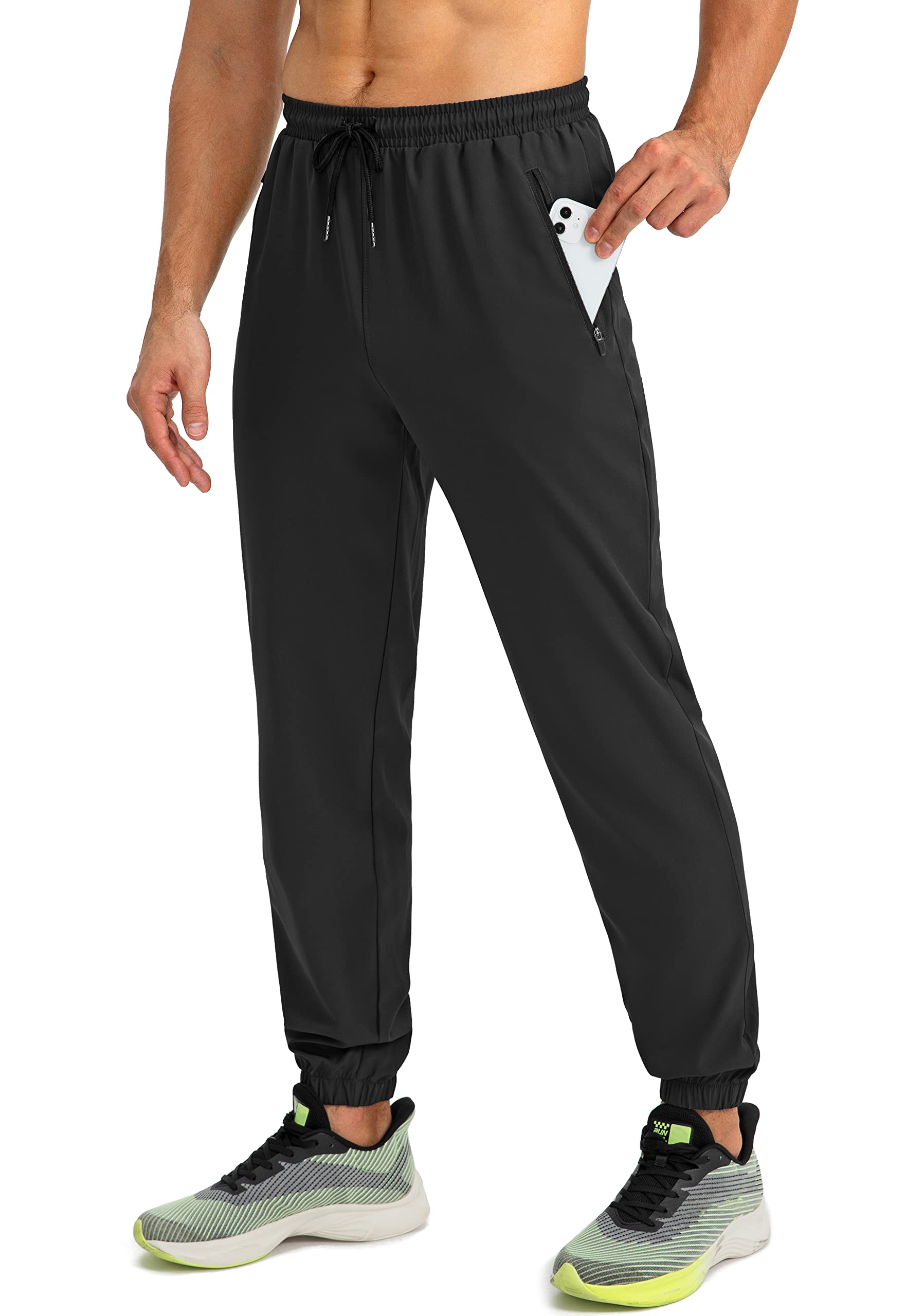 SANTINY Men's Lightweight Jogger Pants Athletic Workout Running Pants Tapered Joggers for Men with Zipper Pockets (Black_L)