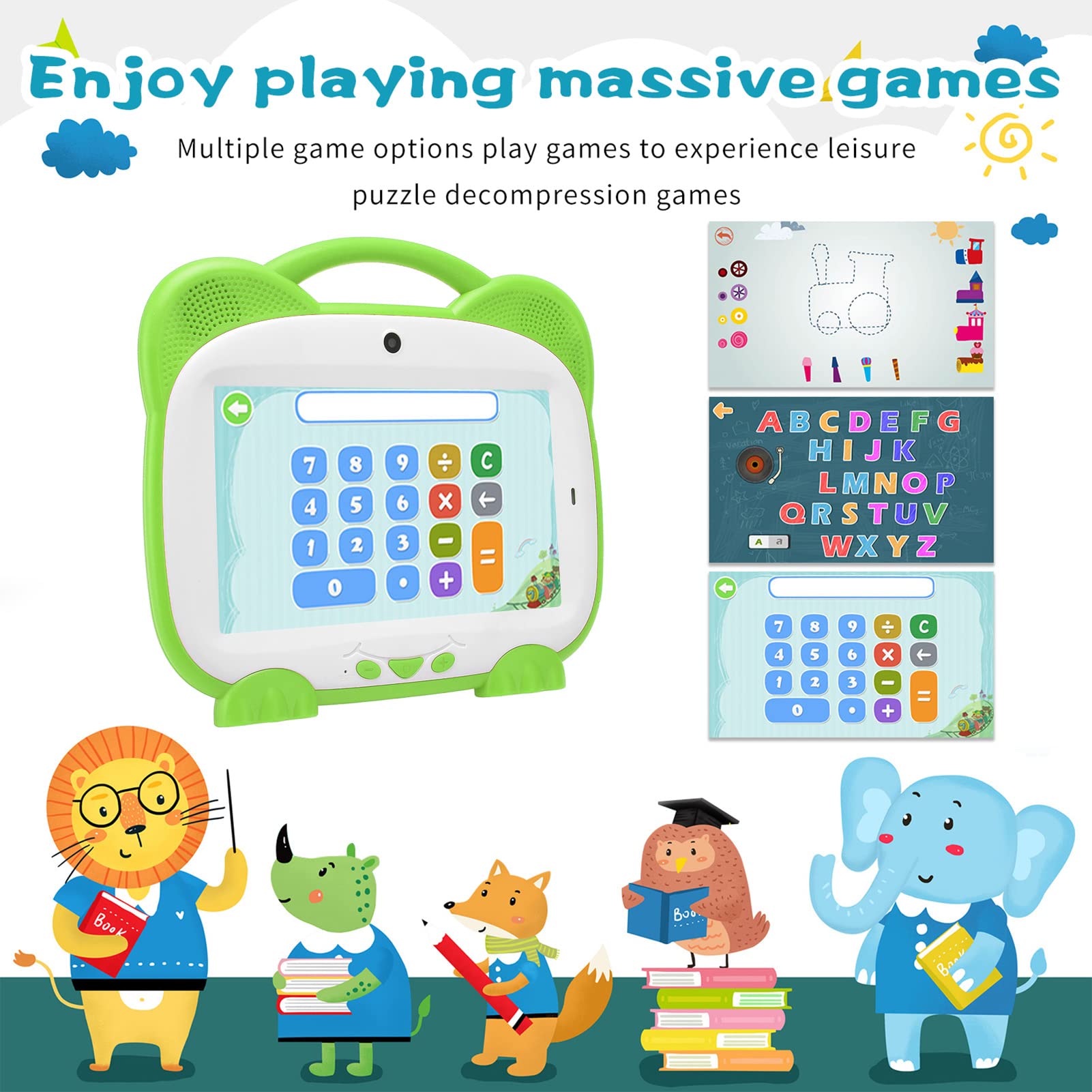 Qinlorgo Tablet PC for Kids, 5500mAh US Plug 100‑240V Support WiFi 7 Inch HD 1080P Kids Tablet for Boys (Green)