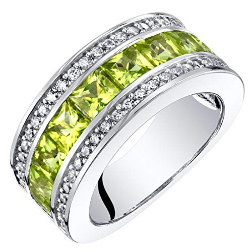PEORA Sterling Silver Princess Cut Peridot 3-Row Wedding Ring Band 1.5 Carats Size 9