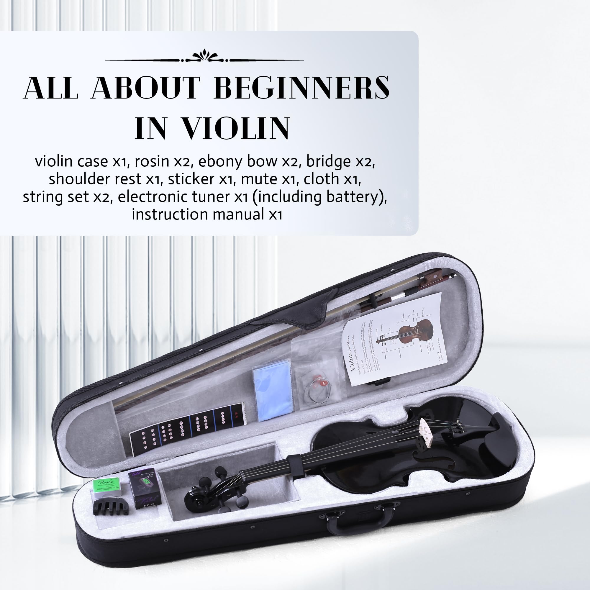 MOSAYA Violin 4/4 Full Size for Beginner Kids with Violin Strings Violin Bow Violin Rosin Shoulder Rest Violin Tuner Finger Guide for Violins and Violin Case, Black Glossy