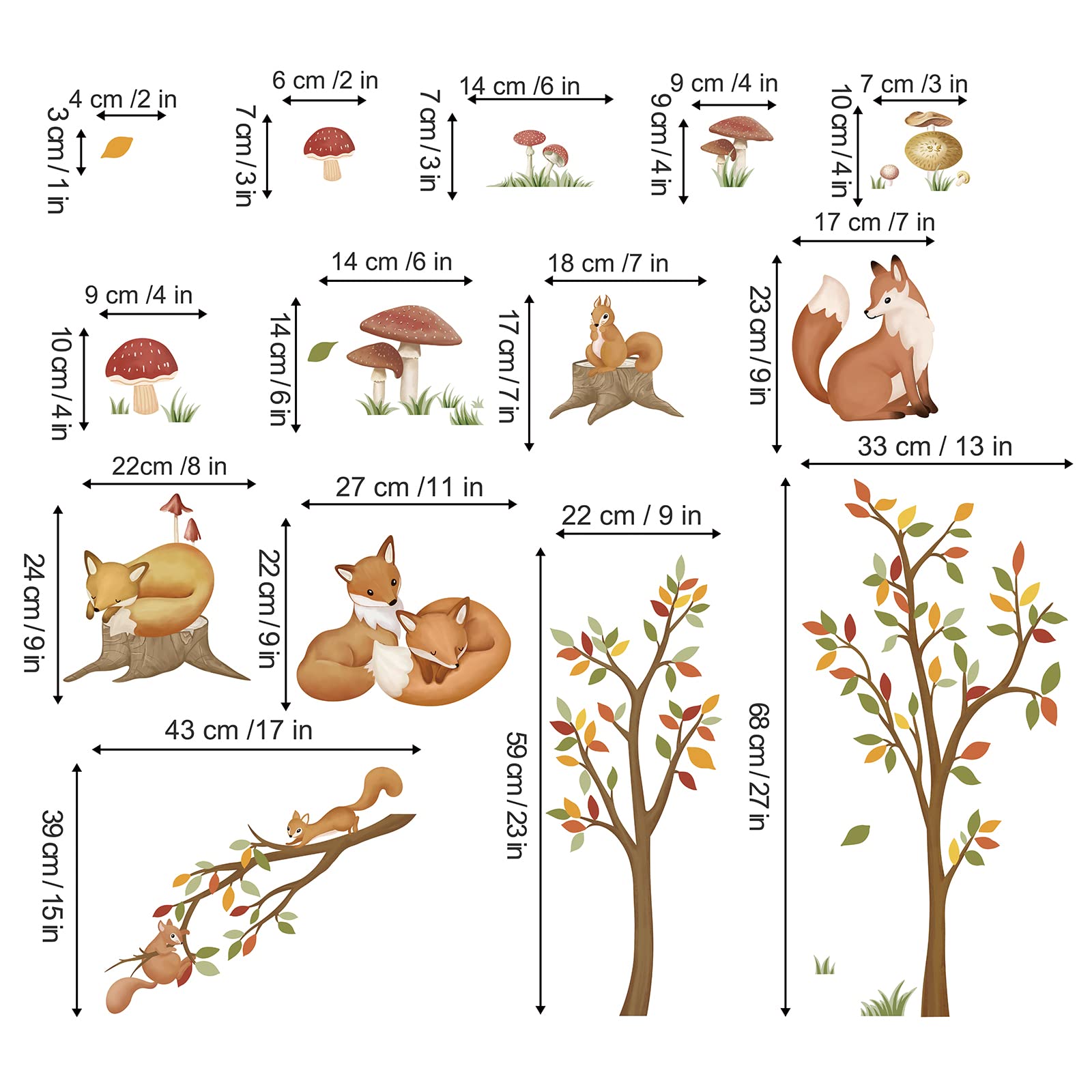 wondever Woodland Animals Foxes Wall Stickers Fall Tree Peel and Stick Wall Art Decals for Baby Nursery Kids Bedroom
