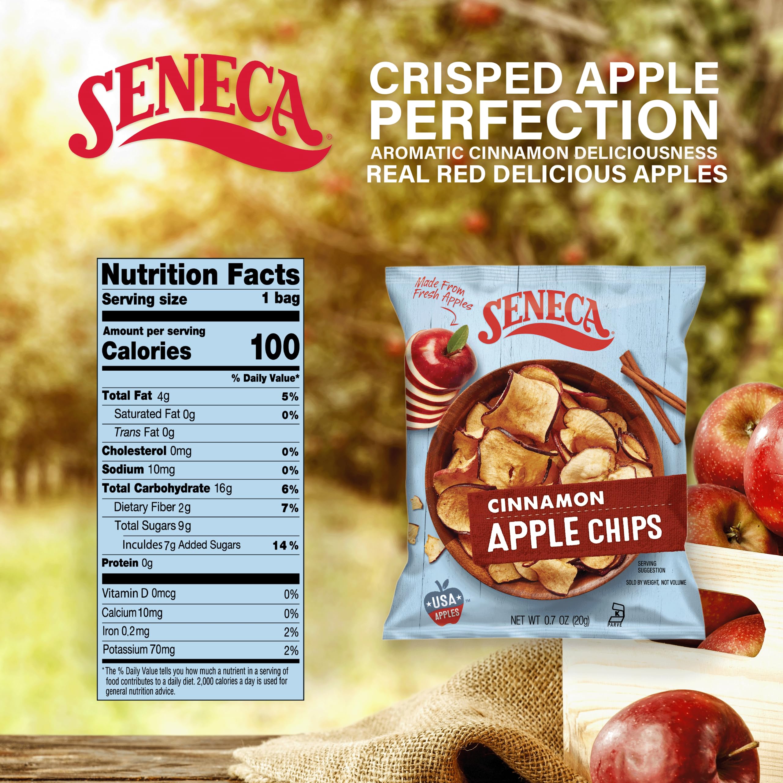 Seneca Cinnamon Apple Chips | Made from Fresh Apples | 100% Red Delicious Apples | Yakima Valley Orchards | Real Cinnamon | Crisped Apple Perfection | Foil Fresh Bag | 0.7 ounce (Pack of 24)
