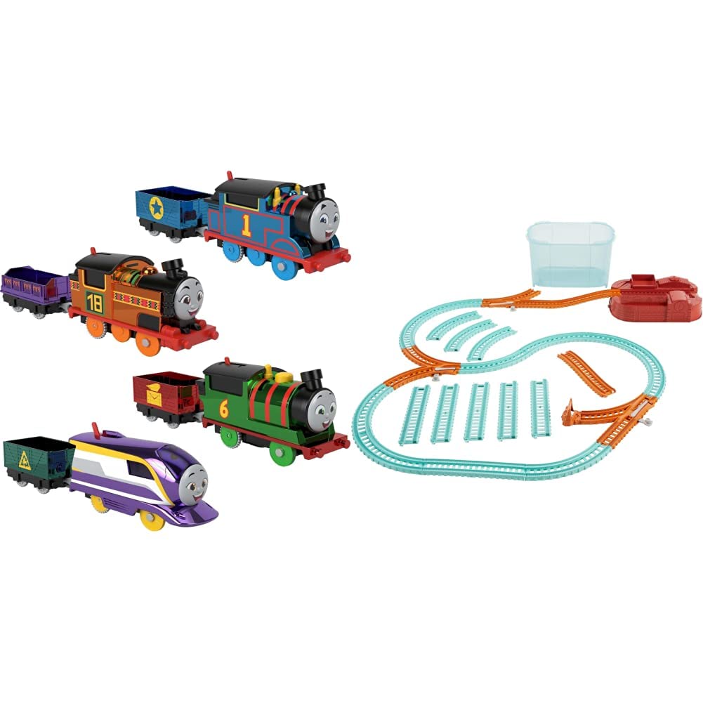 Thomas & Friends Thomas, Nia, Percy, & Kana Motorized 4-Pack Train Engine Set for Preschool Kids Ages 3 and up & Trackmaster Builder Bucket, Storage Container with 25 Train Track and Play Pieces