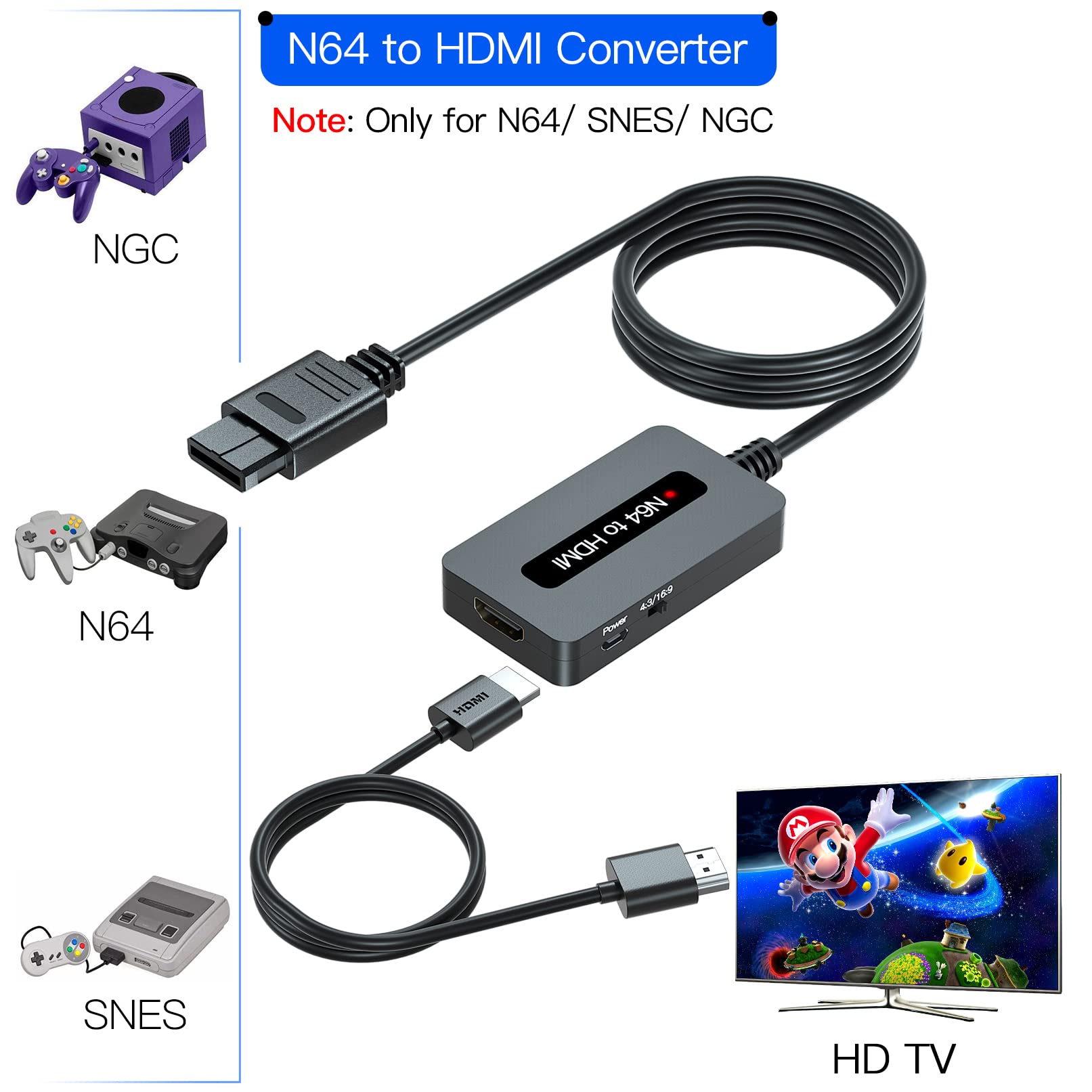 TIXILINBI N64 to HDMI Converter, Support 4 : 3 and 16 : 9 Aspect Ratio Output Switch, Nintendo64 to HDMI Cable Compatible with Nintendo N64/ Super SNES/NGC