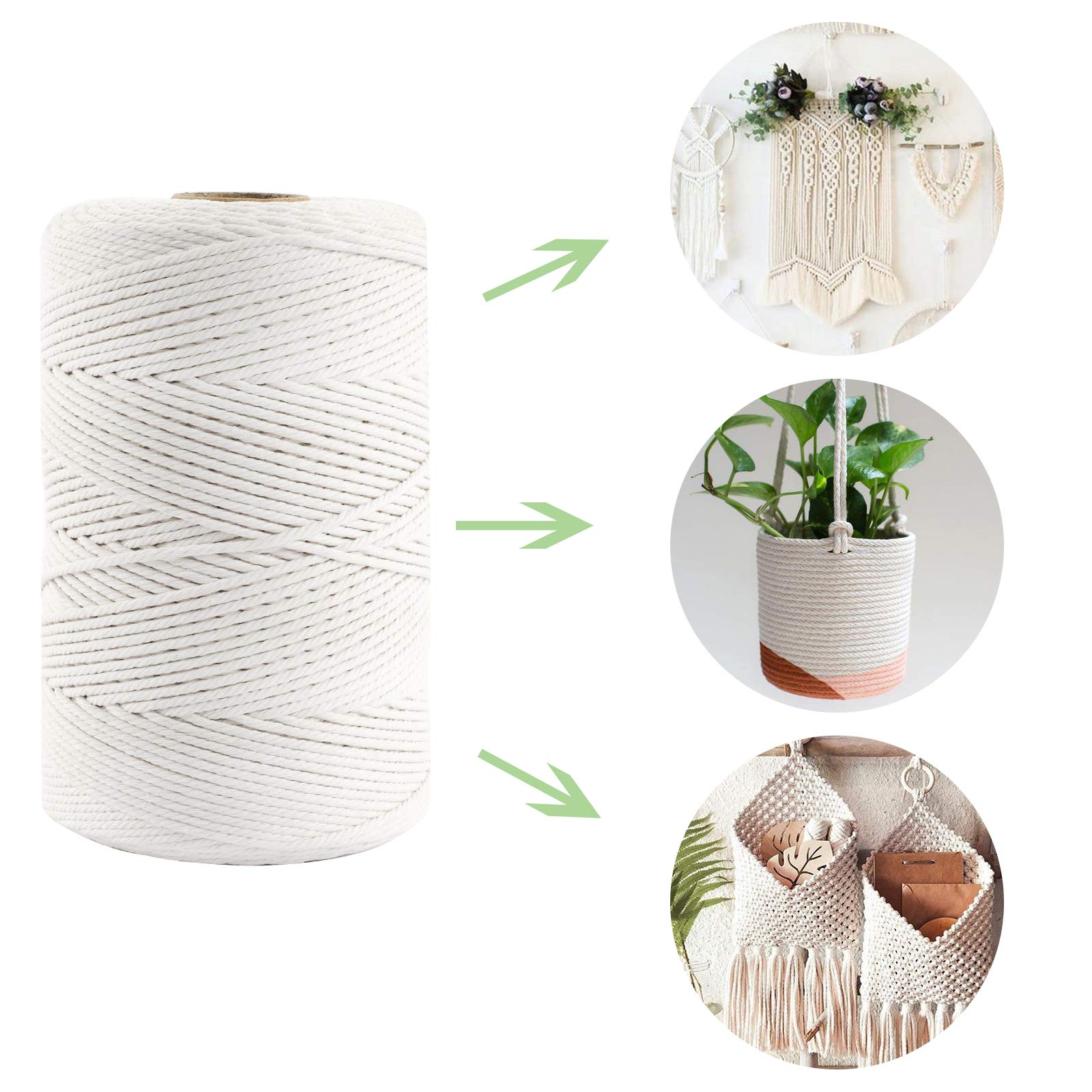 QUEFE Macrame Cord 3mm x 437 Yard, Natural 4 Strand Cotton Macrame Rope for Wall Hanging, Plant Hangers, Knitting, Decorative Projects
