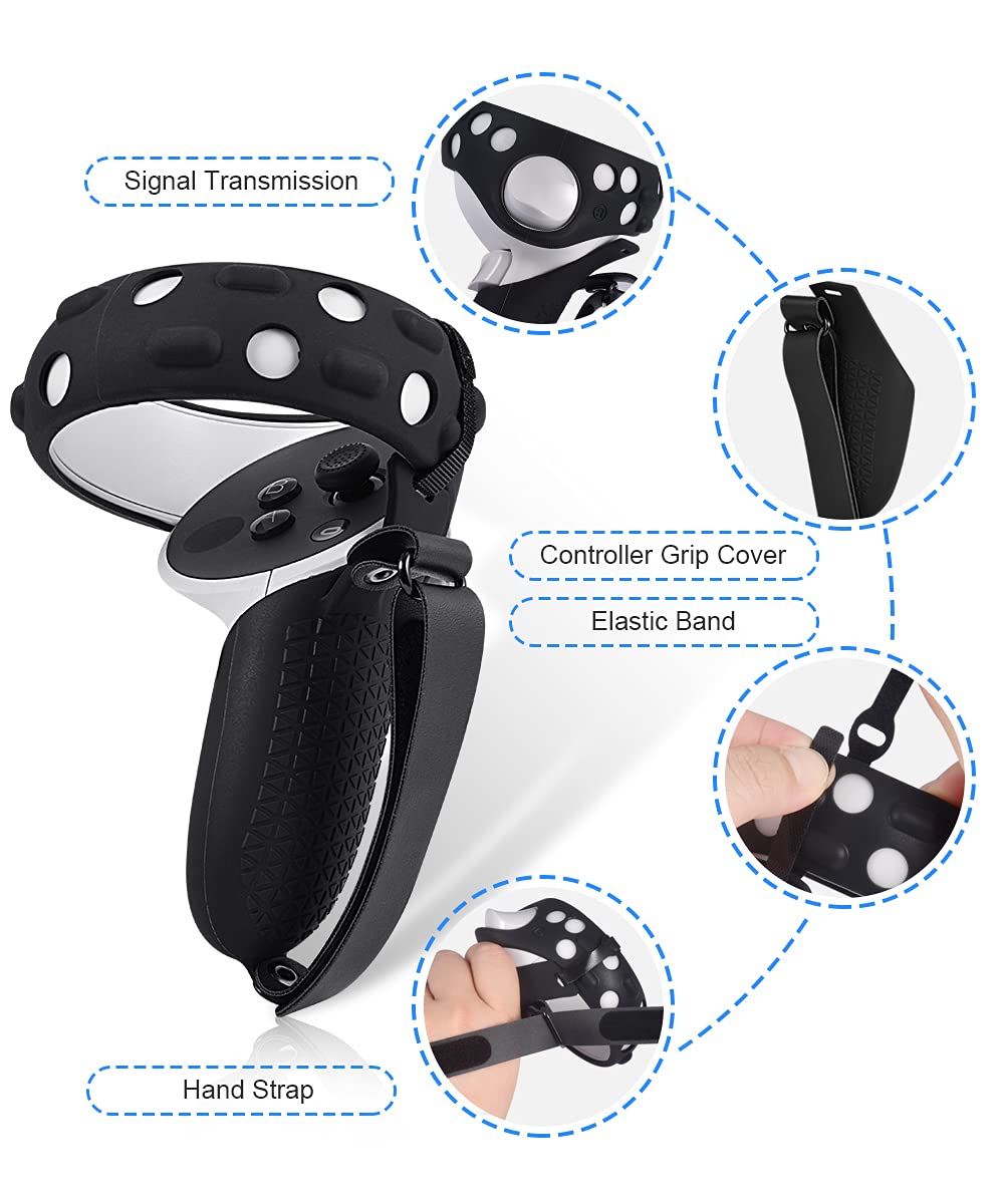 Raylove Silicone Touch Controller Grip Cover for Oculus Quest 2,Anti-Throw Handle Protective Sleeve Oculus Quest 2 Controller Grips Accessories with Nylon Adjustable Wrist Knuckle Strap(Black, 1 Pair)