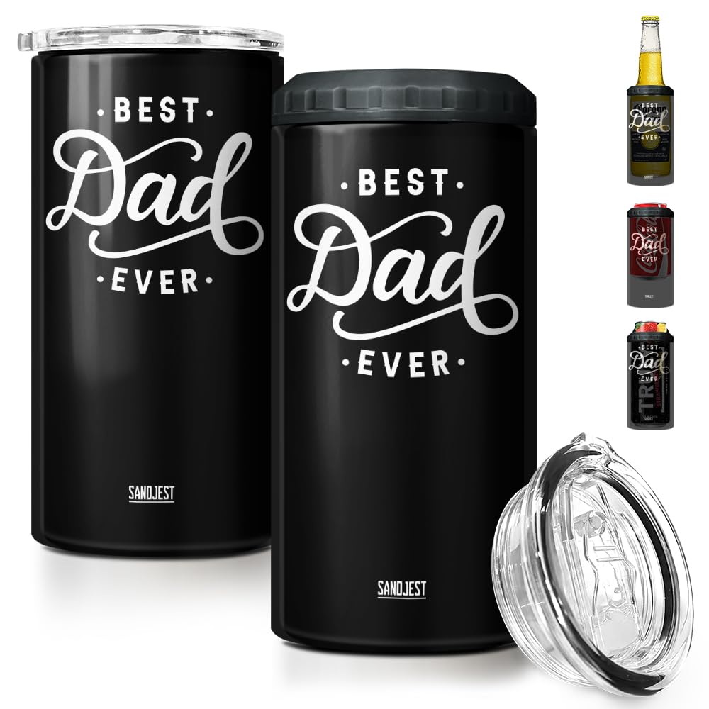 SANDJEST 4-in-1 Best Dad Ever Tumbler Gifts for Dad from Daughter Son - 12oz Dad Can Cooler Tumblers Travel Mug Cup - Stainless Steel Insulated Cans Coozie Christmas, Birthday, Father's Day Gift