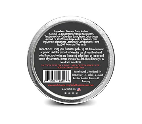 Mustache Wax - Resolute Man - Unscented Strong Hold - 100% Natural and Organic Ingredients - 1oz Tin