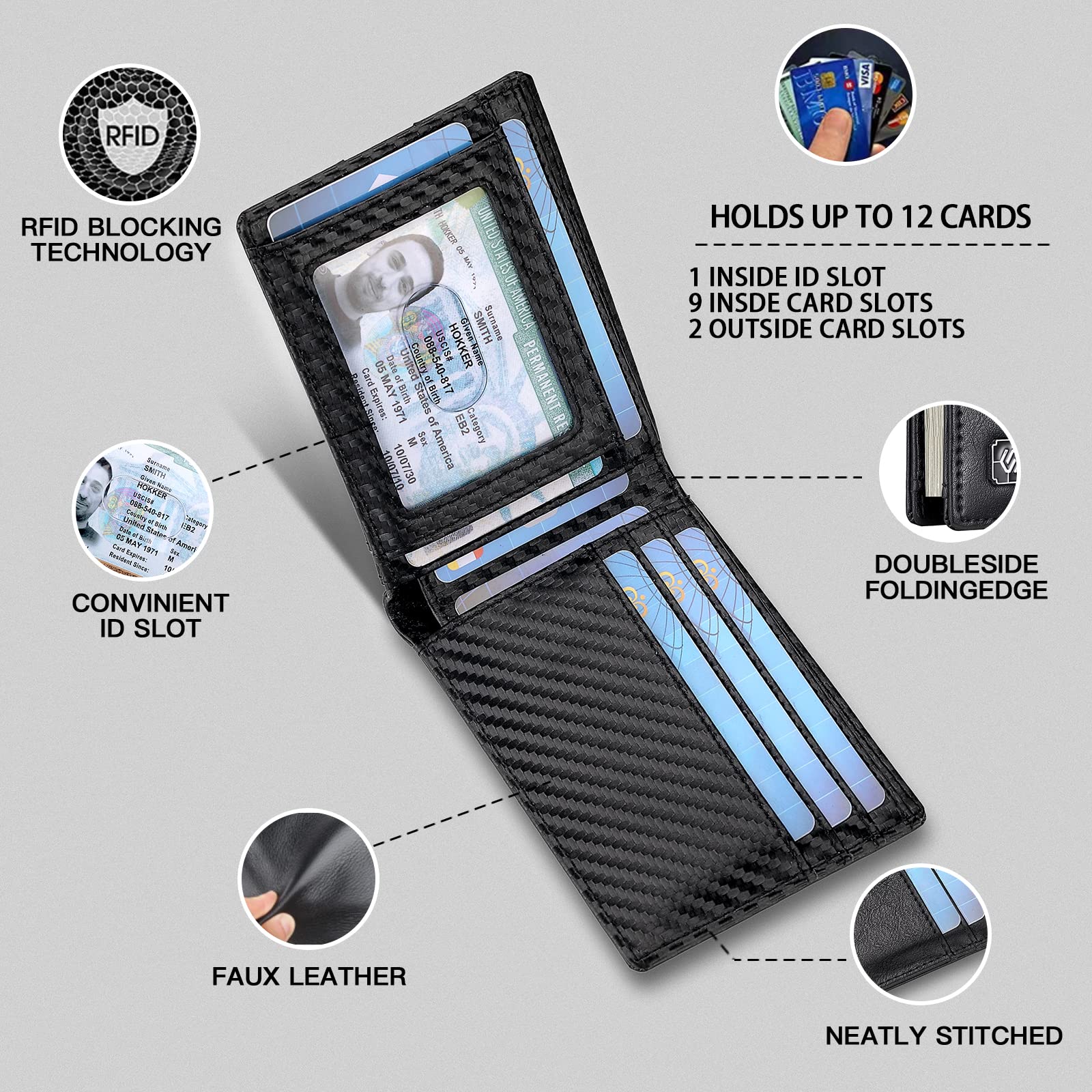 SHOUCANGAR Wallet for Men Slim Minimalist Leather Carbon Fiber Wallet RFID Blocking Credit Card Holder With Gift Box