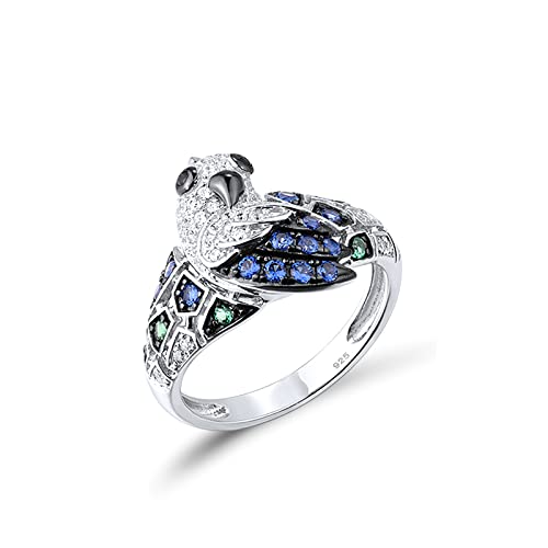 Santuzza 925 Sterling Silver Parrot Ring Blue Nano Cubic Zirconia White CZ Black Spinel Bird Rings (6)