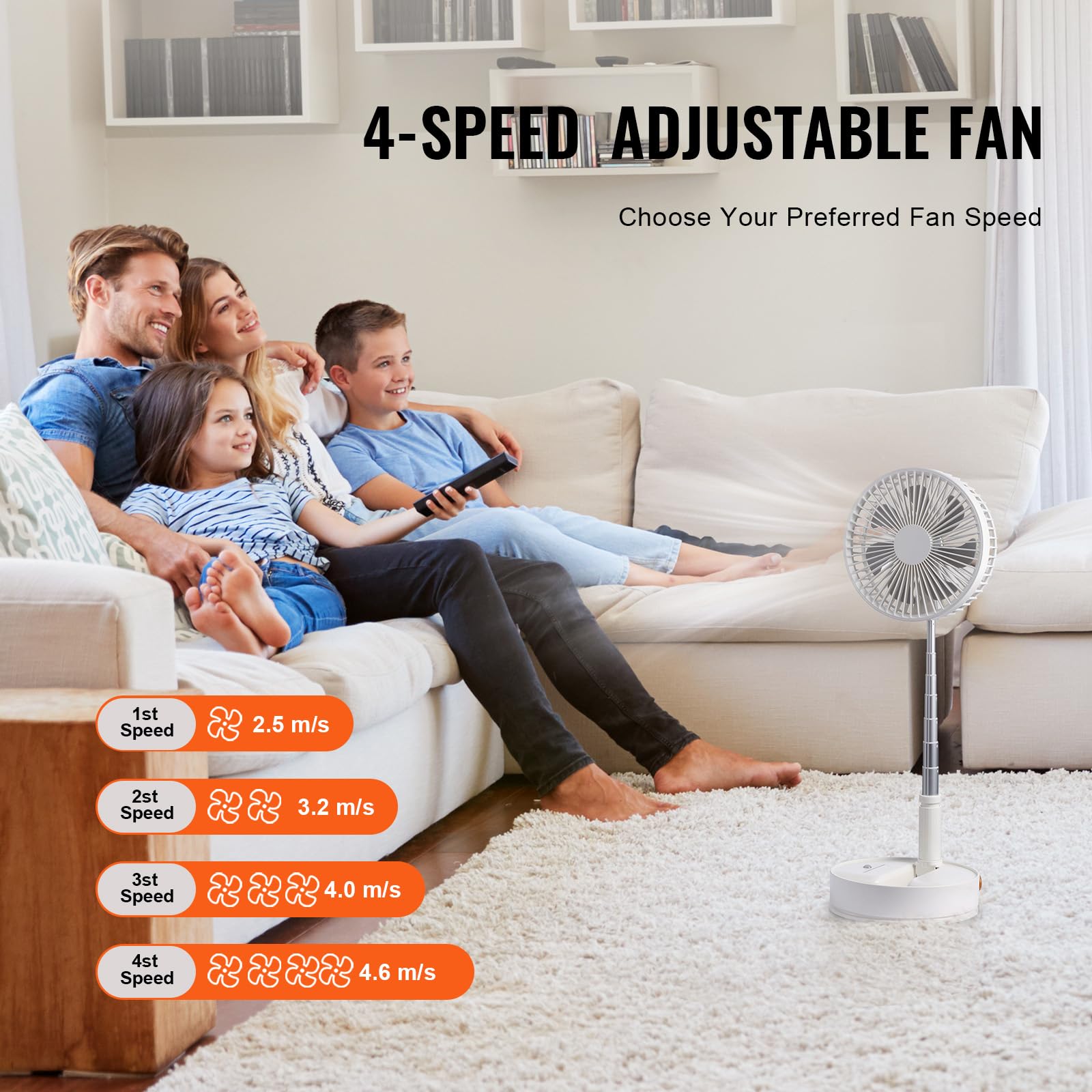 VEVOR 12 Inch Foldable Oscillating Standing Fan with Remote Control, 8 Speed Adjustable Portable Desk Quiet Fan, 10800mah Rechargeable USB Fan, Folded Rotating Floor Fan for Bedroom Office Travel