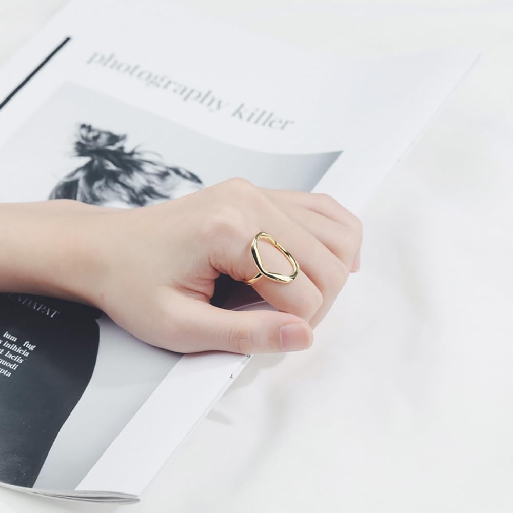 Oval Round Loop Open Statement Sterling Silver Ring for Women Men Minimalist Geometic Circle Wedding Eternity Band Adjustable Knuckle Rings Fashion Jewelry (Yellow Gold)