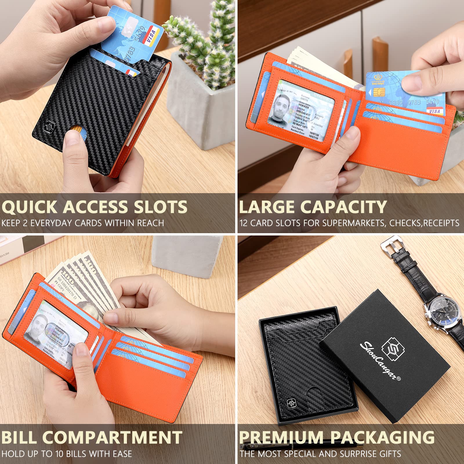 SHOUCANGAR Wallet for Men, Carbon Fiber Wallet Bifold Mens Wallet RFID Blocking Bifold Credit Card Holder for Men with Gift Box
