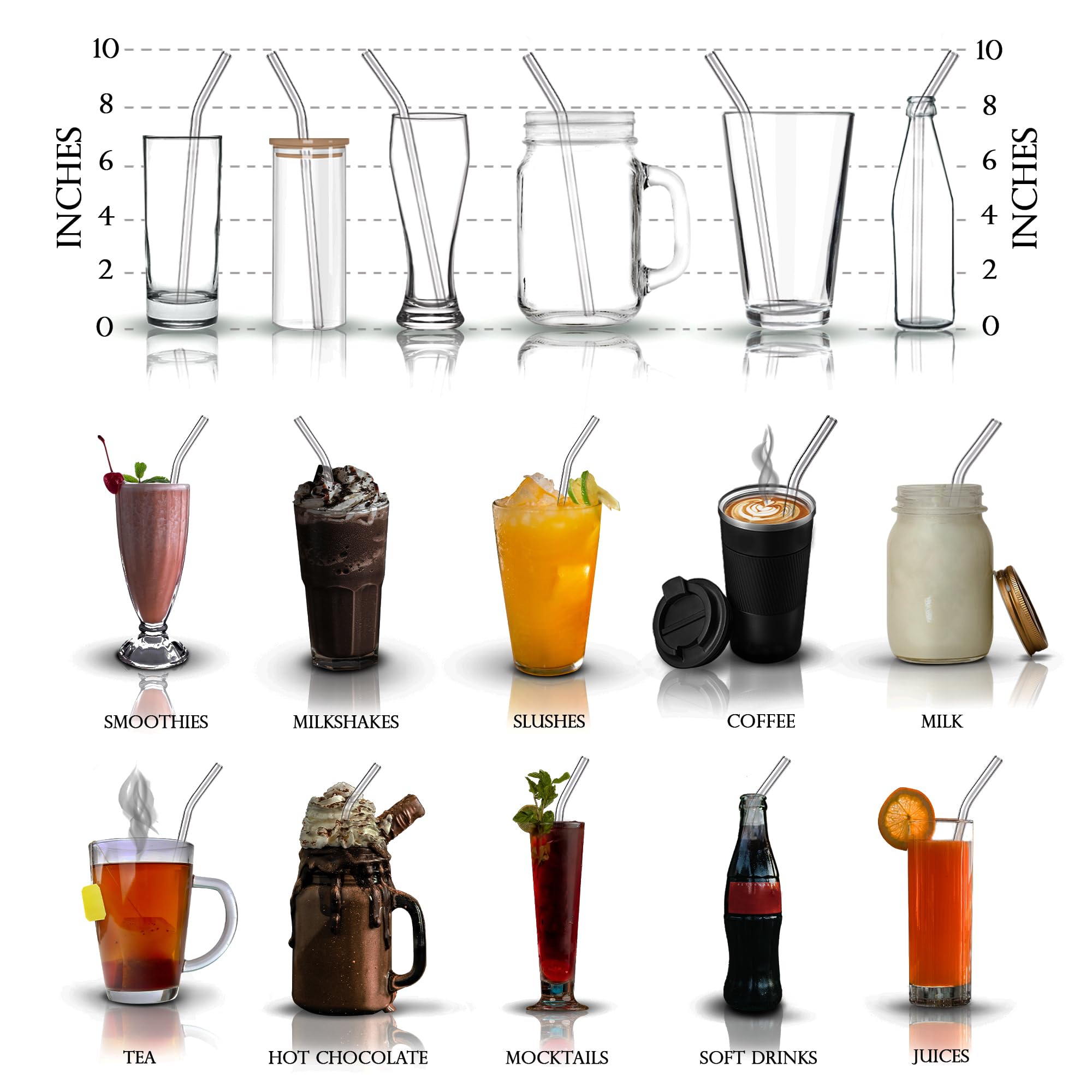 THRISTO Glass Straw 16-Pack- Glass Straws Shatter Resistant 14 Bent, 10”x10mm, 2x Cleaning Brushes- Foam Wrap Secured- Ideal for Hot Coffee & Chilled Smoothie at Home & Party
