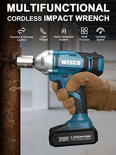 WESCO 20V Cordless Impact Wrench, 1/2",1602 In-lbs(180N.m),2.0A Li-ion Battery, LED Light 3 Pcs Drive Impact Sockets and 1 Hour Fast Charger