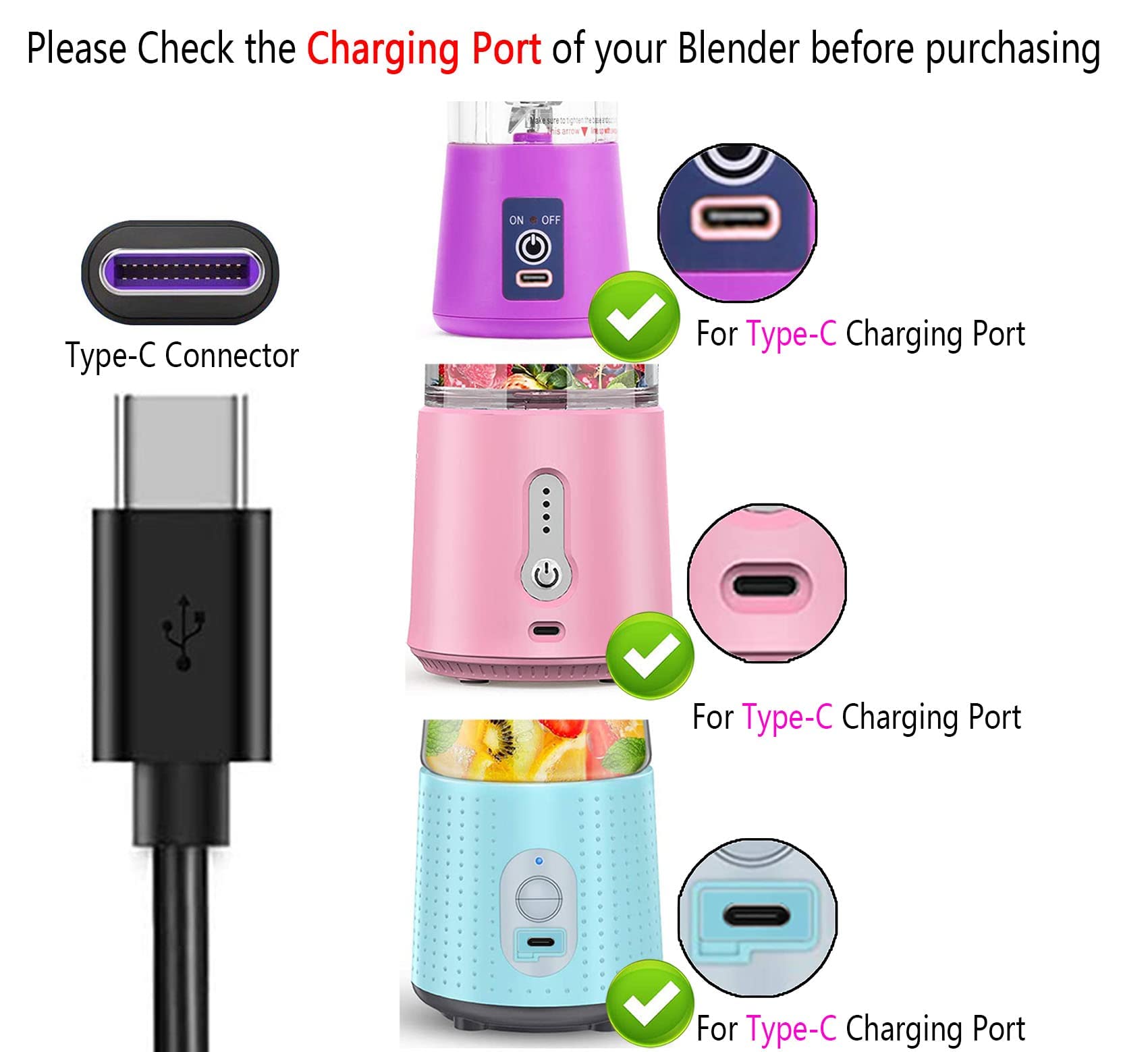 Portable Blender Charger Cord, USB Charging Cable Cord Compatible with PopBabies/Supkitdin/Aoozi/Mialoe/OBERLY Portable Blender Smoothie Blenders Personal Size Blender