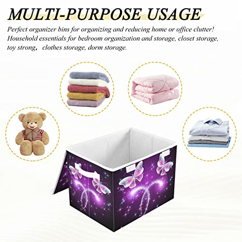 RunningBear Butterflies Firework Star Large Storage Bins with Lid Collapsible Storage Bin Nursery Baskets Foldable Fabric Cube for Closet Shelf Car