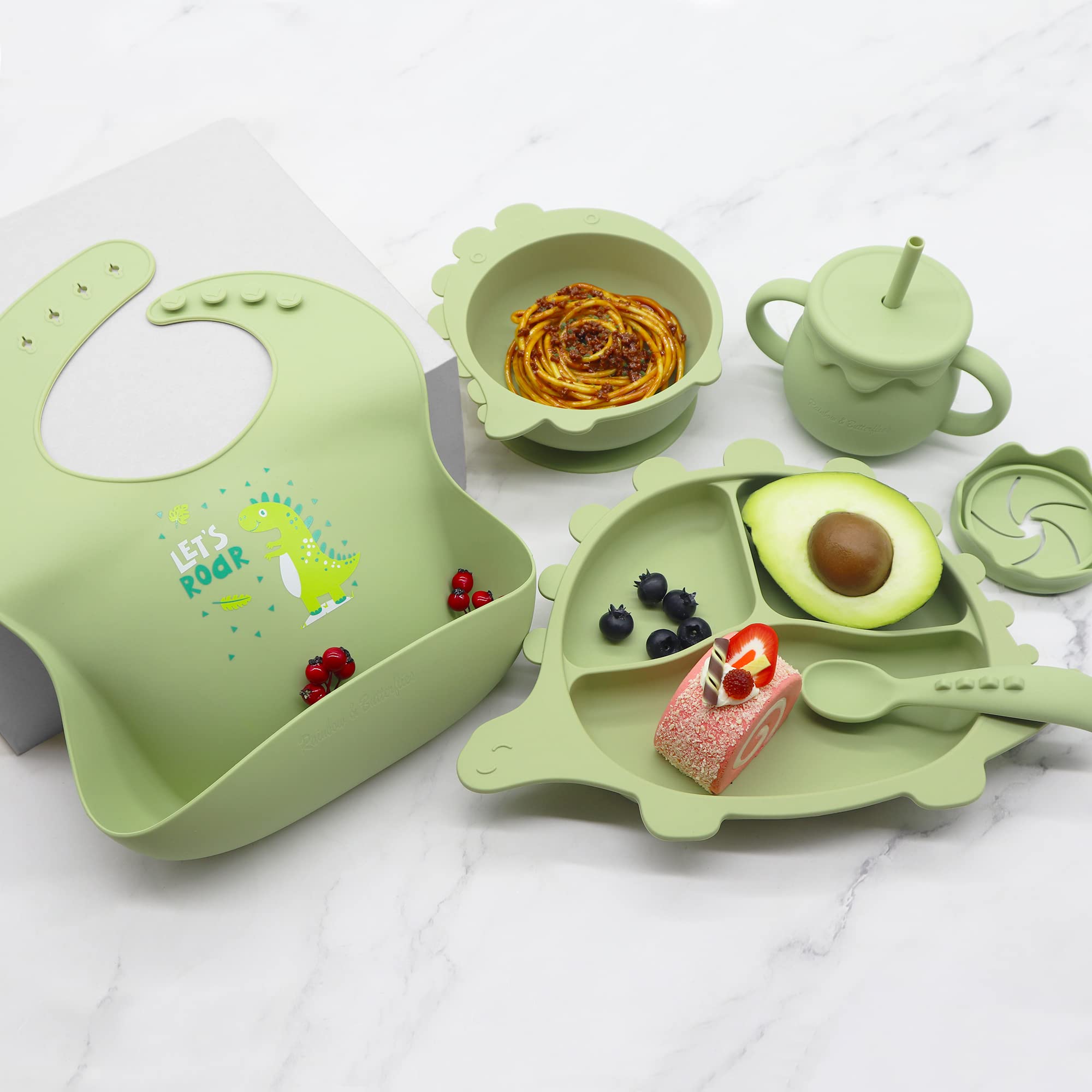 Rainbow & Butterflies |8 Piece| DINO Silicone Baby Feeding Set β |Bib, Suction Bowl, Suction Plate, Sippy Cup, 2-in-1 Straw & Snack Cup Lid, Straw & Spoon| β Food Grade Silicone, BPA Free (Olive)