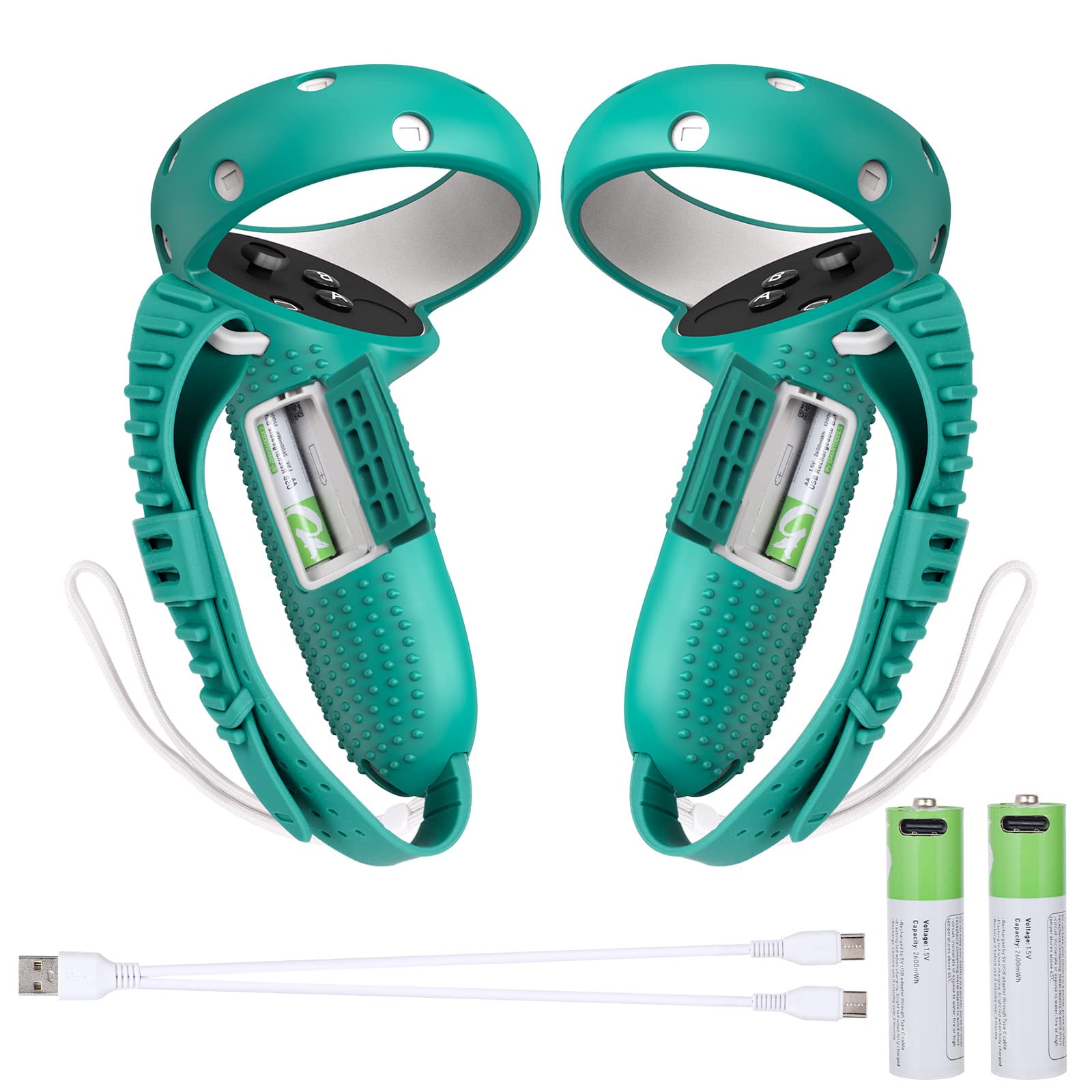 TAACOO Controller Grips Cover and 2 Rechargeable Batteries for Meta/Oculus Quest 2 Controllers, Extended Controller Grips with Battery Opening, 2 USB Rechargeable AA Batteries with 2-in-1 USB-C Cable (Peacock Blue)
