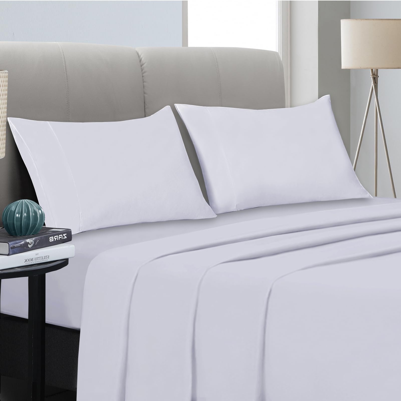 Mejoroom Full Bed Sheet Set - Super Soft Brushed Microfiber 1800 Thread Count Full Sheets with 16 inch Deep Pocket - Wrinkle Free - Breathable and Hypoallergenic - 4 Piece(Full,Snow White)