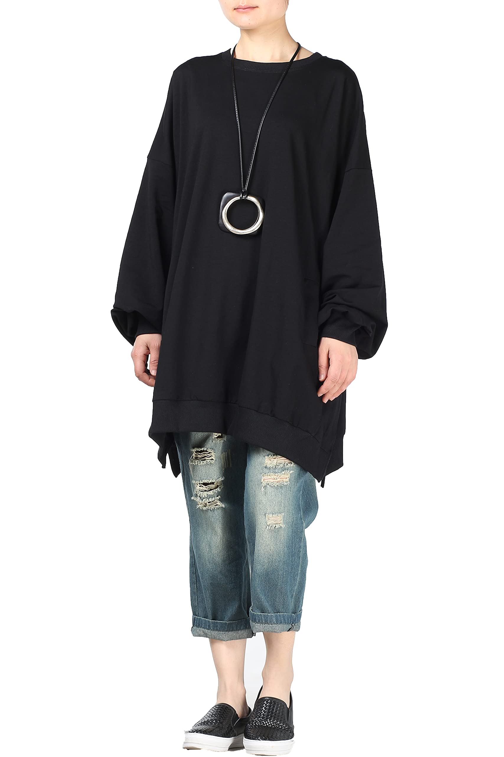 Mordenmiss Women's Loose Sweatshirt Spring/Fall Simple Shirt Tops (L, Style 6-Black)