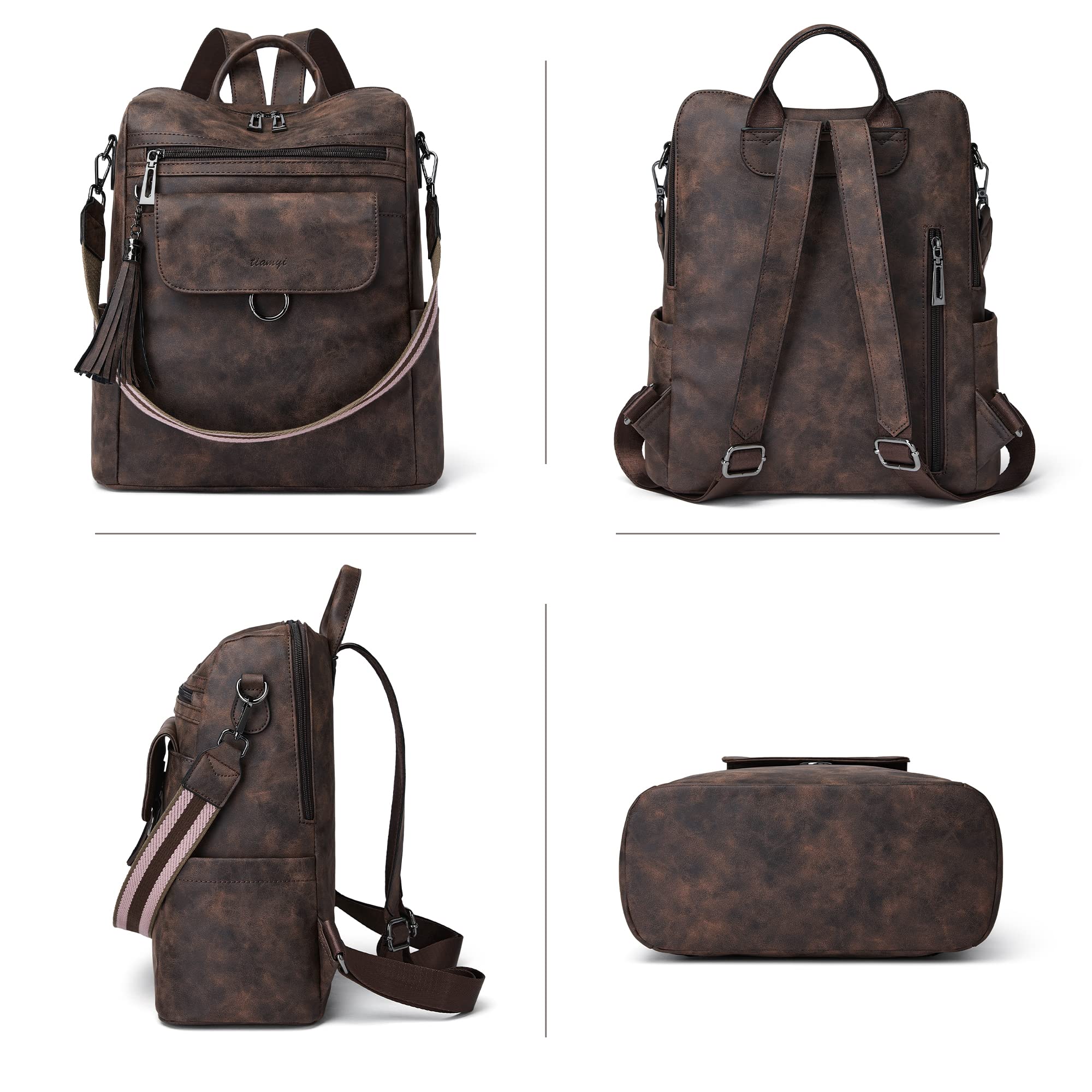tiamyi Leather Backpack for Women, Backpack Purse for Women Fashion Convertible Shoulder Bags Daypack (1-2 coffee)