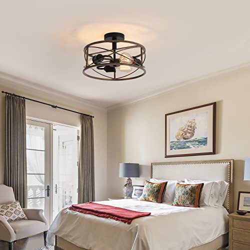 PUSU Ceiling Light Fixture,Industrial Semi Flush Mount Ceiling Light with Metal Wooden Cage and Matte Black Ceiling Lights for Living Room Kitchen Dining Room Bedroom Hallway