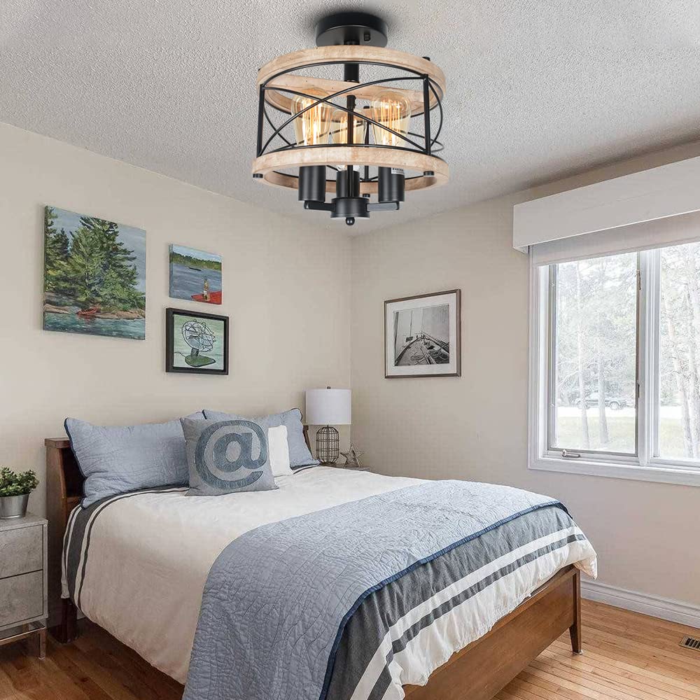 Round Rustic Semi Flush Mount Ceiling Light, Wood Farmhouse Kitchen Light Fixture Black Metal Industrial Bathroom Bedroom Cage Ceiling Lighting 3 Lights Edison E26 17121B