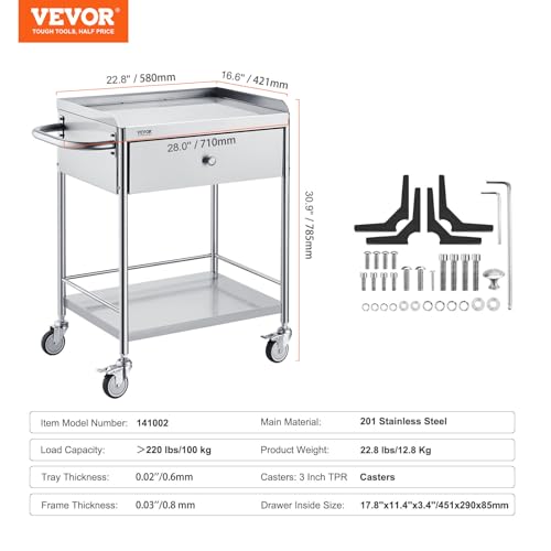 VEVOR Medical Trolley, Dual-Tier Stainless Steel Trolley with a 220 lbs Load Limit, Equipped with Quiet 360° Casters and a Drawer, Ideal for Laboratories, Clinics, Kitchens, and Salons