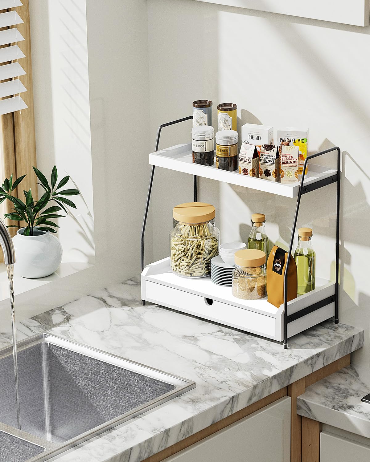 MONVANE 2-Tier Bathroom Organizer Countertop - Solid Wood Bathroom Counter Organizer with Drawer, Simple Standing Vanity Tray for Bathroom Organization and Bathroom Storage (White and Black)