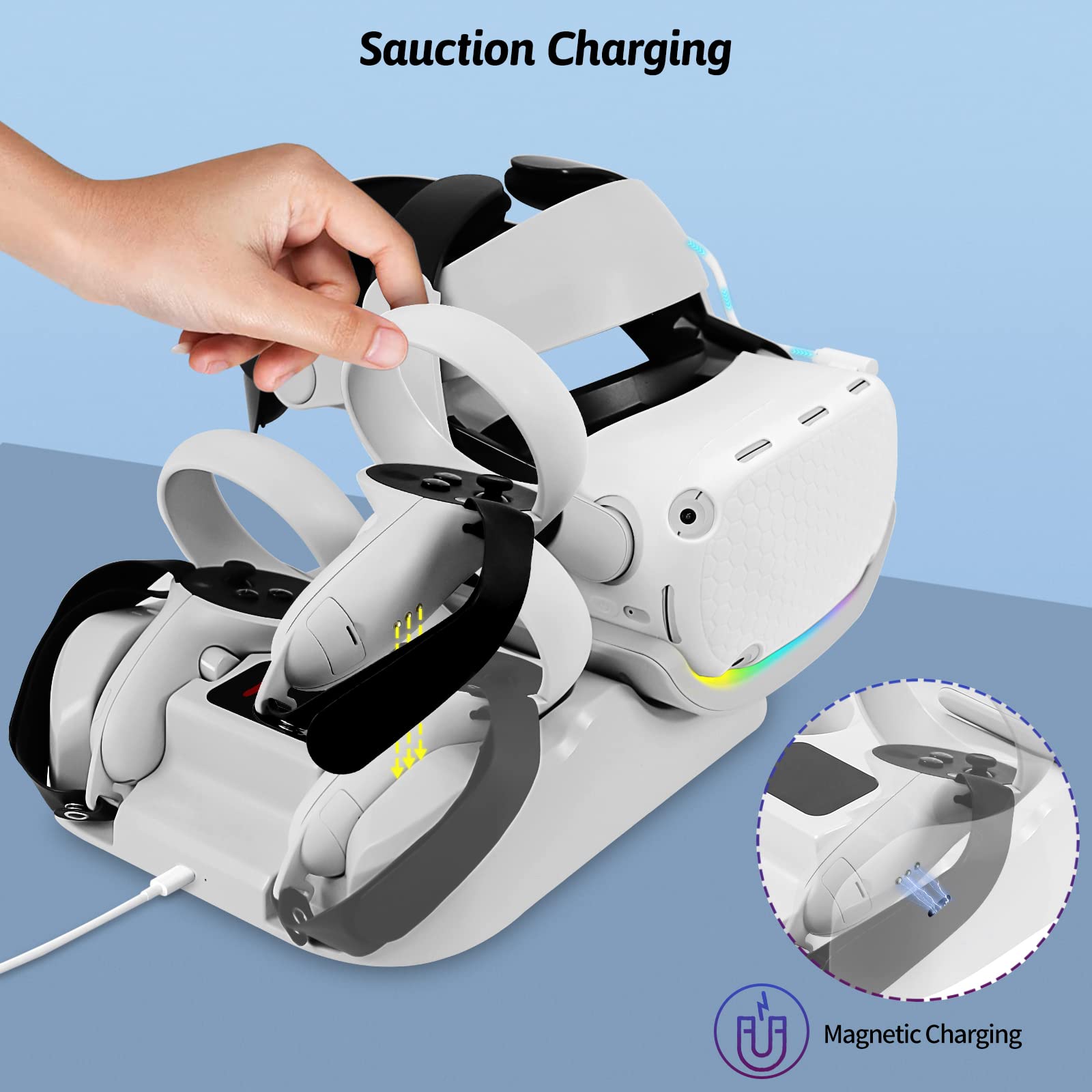 VR Charging Dock for Oculus Quest 2, Magnetic Fast Meta Quest 2 Charger Station Simultaneously for Controllers and Headset Fit Elite Strap,VR Accessories with LED Indicator & 2 Rechargeable Batteries