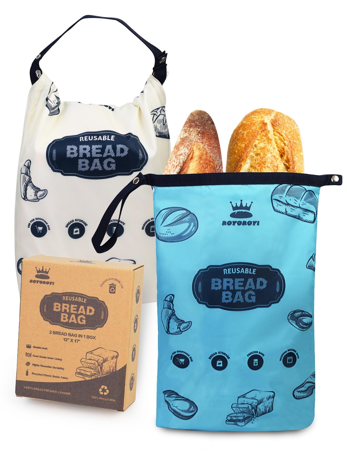 Royoroyi Bread Bags for Homemade Bread,2 Packs Reusable Bread Bag,Freezer Bread Storage Bag,Waterproof Zipper Bread Container to Keep Bread Fresh gift giving (beigeļ¼ Jewel Blue)
