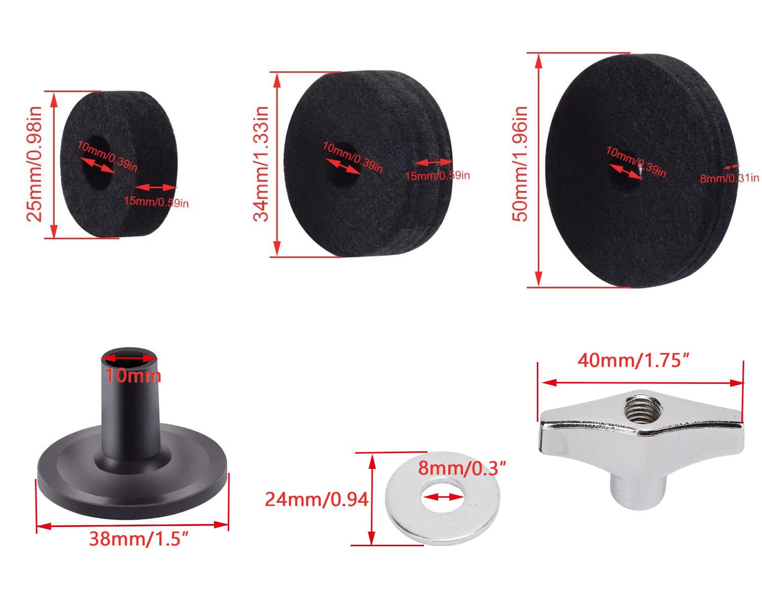 TUOREN Set of 21 Pieces Cymbal Replacement Accessories Cymbal Felts Hi-Hat Clutch Felt Hi Hat Cup Felt Cymbal Sleeves with Wing Nuts, Washer Replacement Black