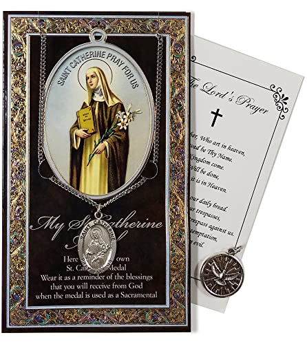 Saint Catherine Of Siena Medal Necklace with Confirmation Dove Charm | St Catherine Of Siena Pendant Jewelry,Holy Spirit Dove Pendant, Lord's Prayer Card | Catholic Patron Saint Of Italy Themed Set