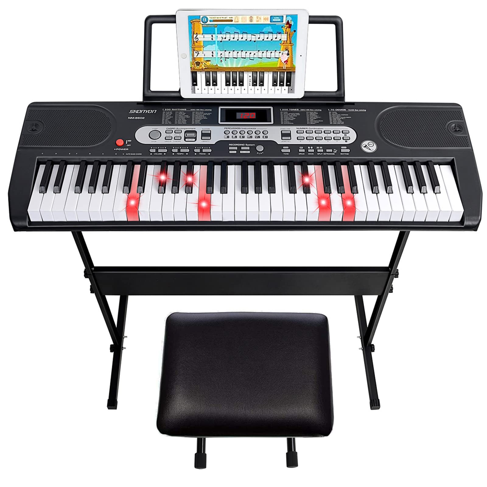 SKONYON 61 Key Keyboard Piano with Light Up Keys Electric Piano Keyboard for Beginners with Speakers Musical Keyboard Stand, Bench, Headphones, and Microphone