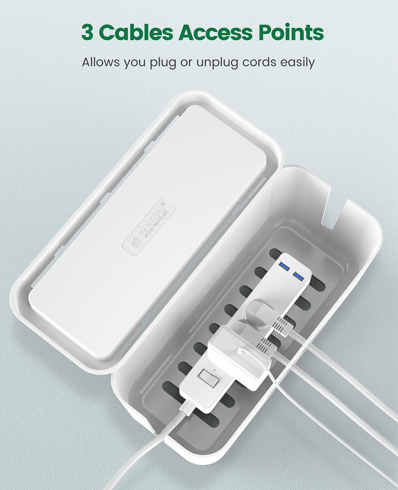 ORICO Power Cable Box Set, 2 Cable Management Box with Phone Stand and A Roll of Hook and Loop Tape, Large and Medium Wire Organizer Box to Hold and Hide Power Strip/Power Cord-Pure White