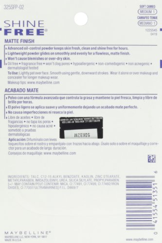 Maybelline New York Shine Free Oil Control Pressed Powder, Soft Cameo, Medium 1, 0.45 Ounce