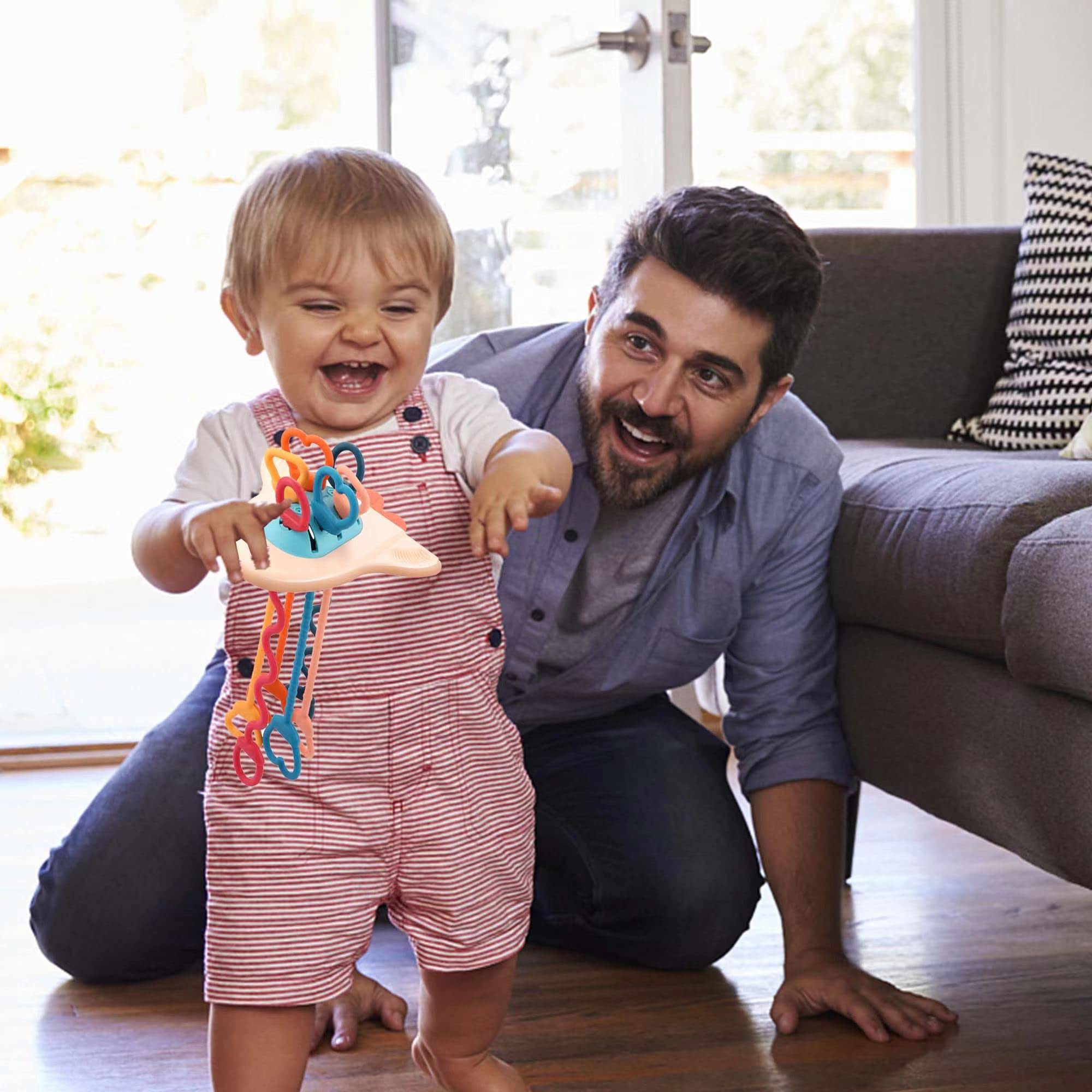Silicone Pull String Interactive Toy, New 3-in-1 Teething Teether, Rattles ,Silicone Toys, Hidden Surprise Toys for Kids,Toys for Boys/Girls/Toddlers/Baby Age 18 M+